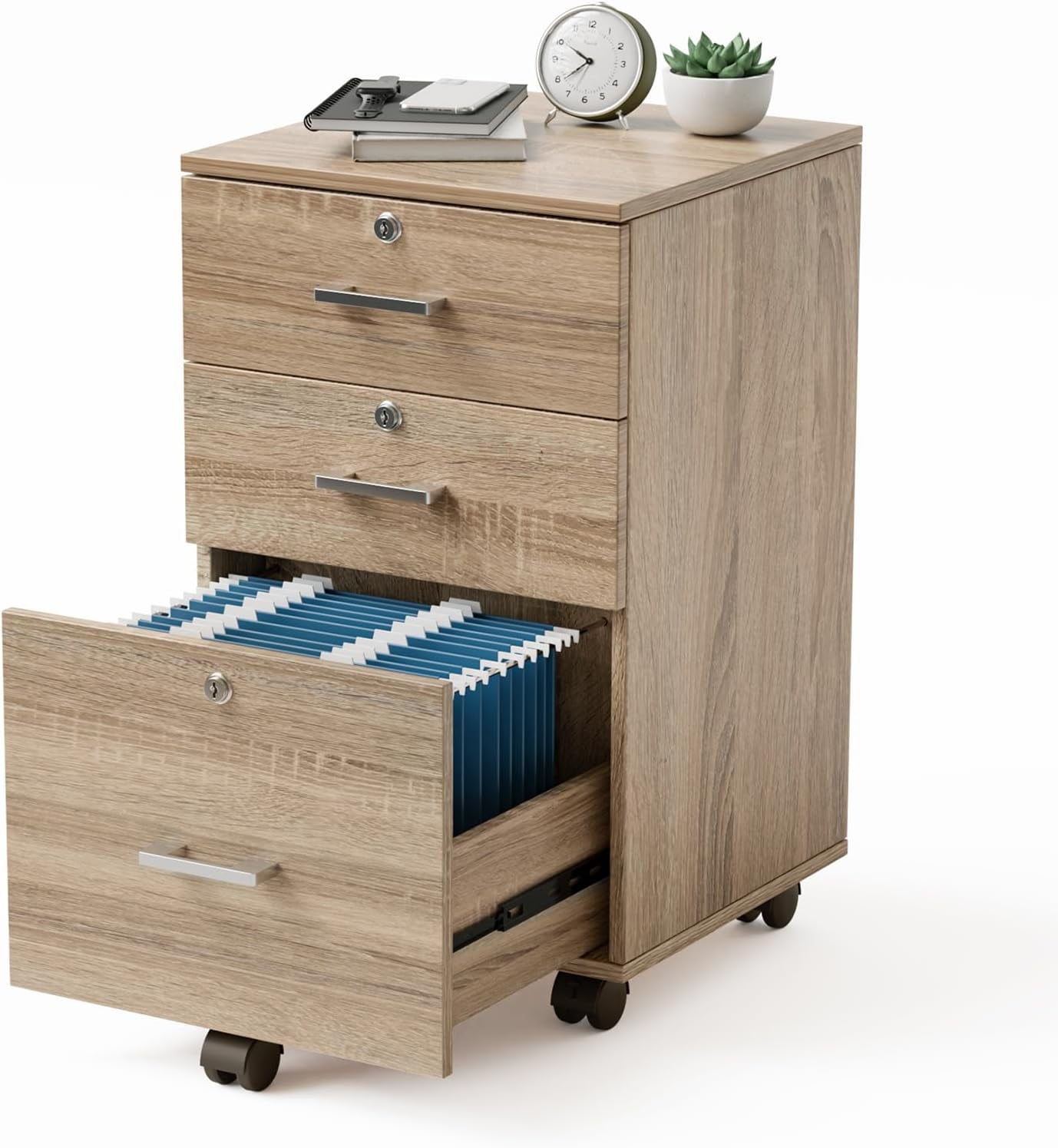 3-Drawer File Cabinet with Lock, Wood Rolling File Cabinet Under Desk ...
