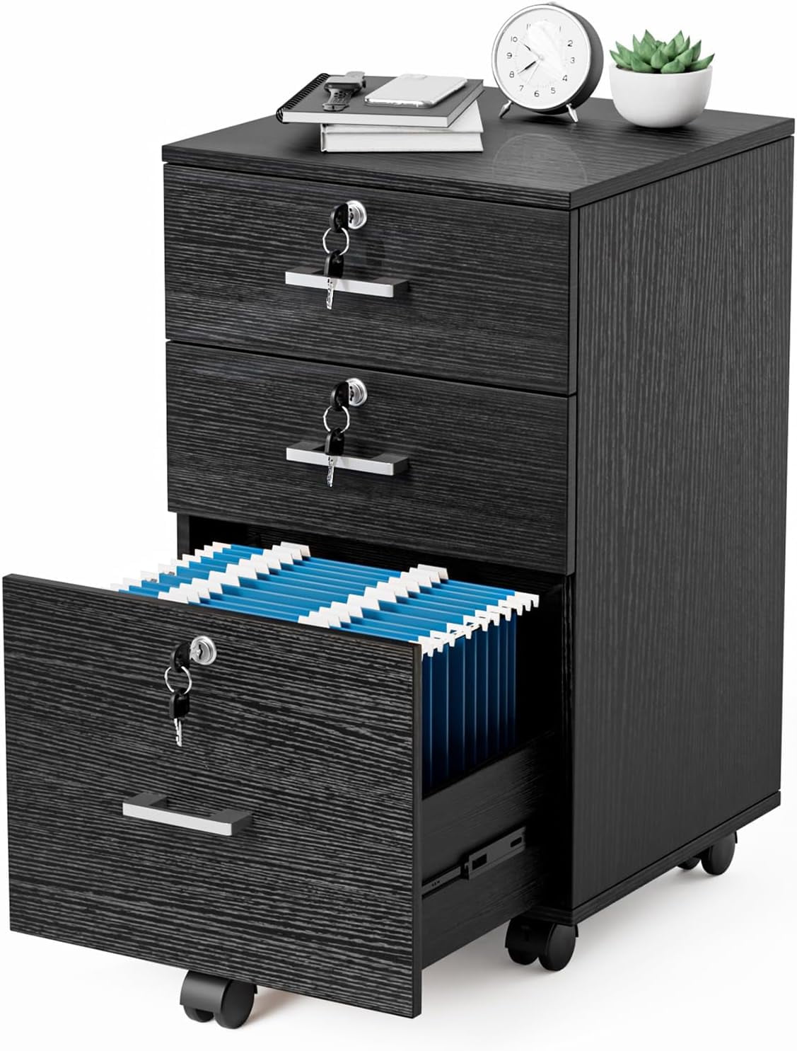 3-Drawer File Cabinet with Lock, Wood Rolling Filing Cabinets for Home ...
