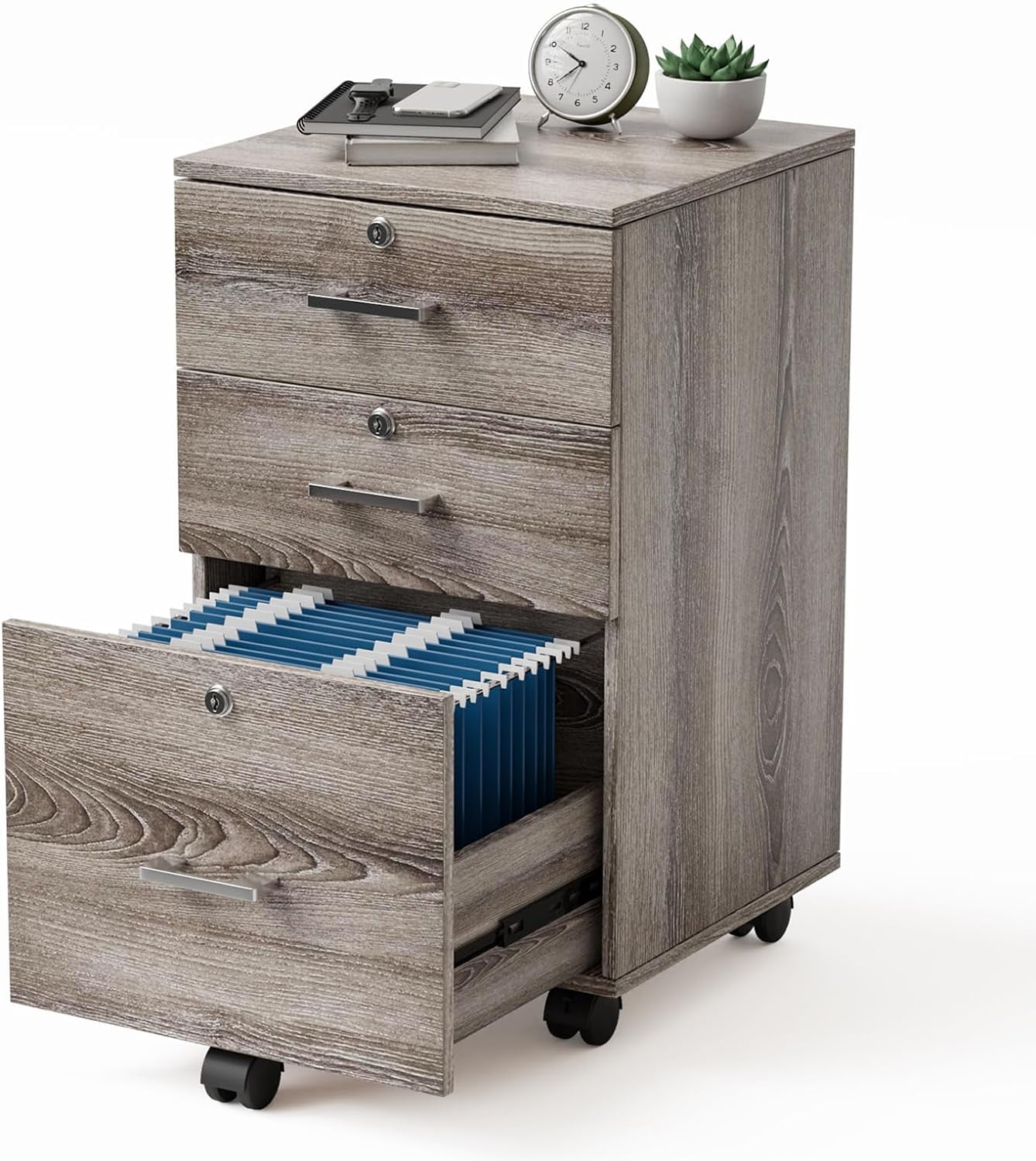 3-Drawer File Cabinet with Lock, Wood Rolling Filing Cabinets for Home ...