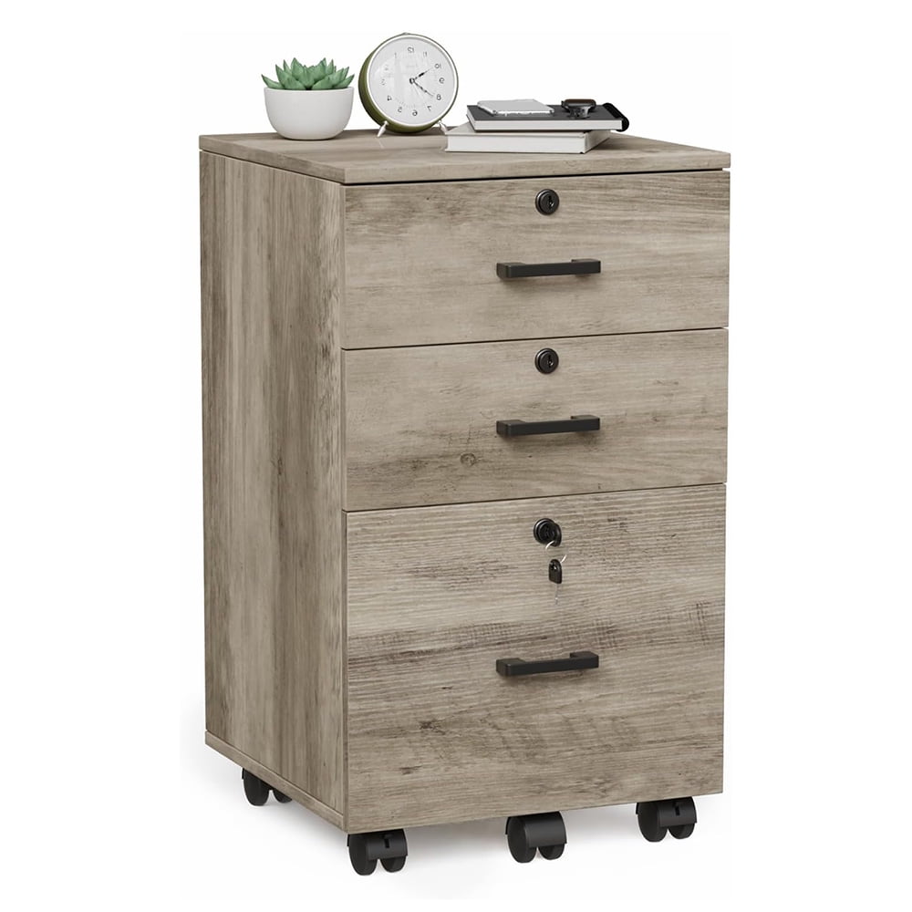 3-Drawer File Cabinet with Lock, Wood Rolling Cabinet Under Desk File ...