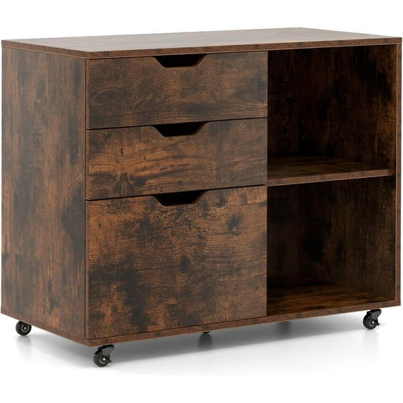 3-Drawer File Cabinet, Rolling Lateral Filing Cabinet with Open Storage ...
