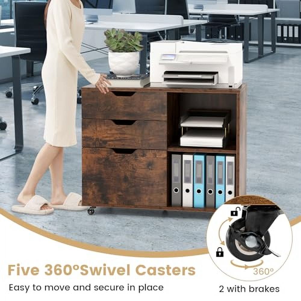 3-Drawer File Cabinet, Rolling Lateral Filing Cabinet with Open Storage ...