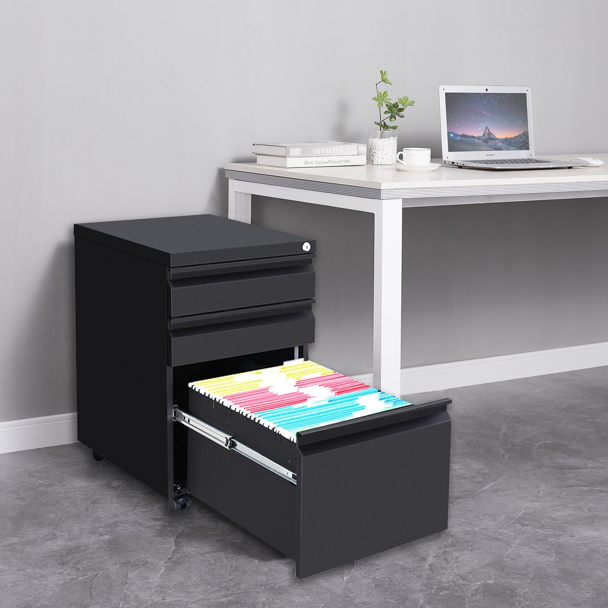 3 Drawer File Cabinet with Lock, Steel Mobile Filing Cabinet on Anti ...