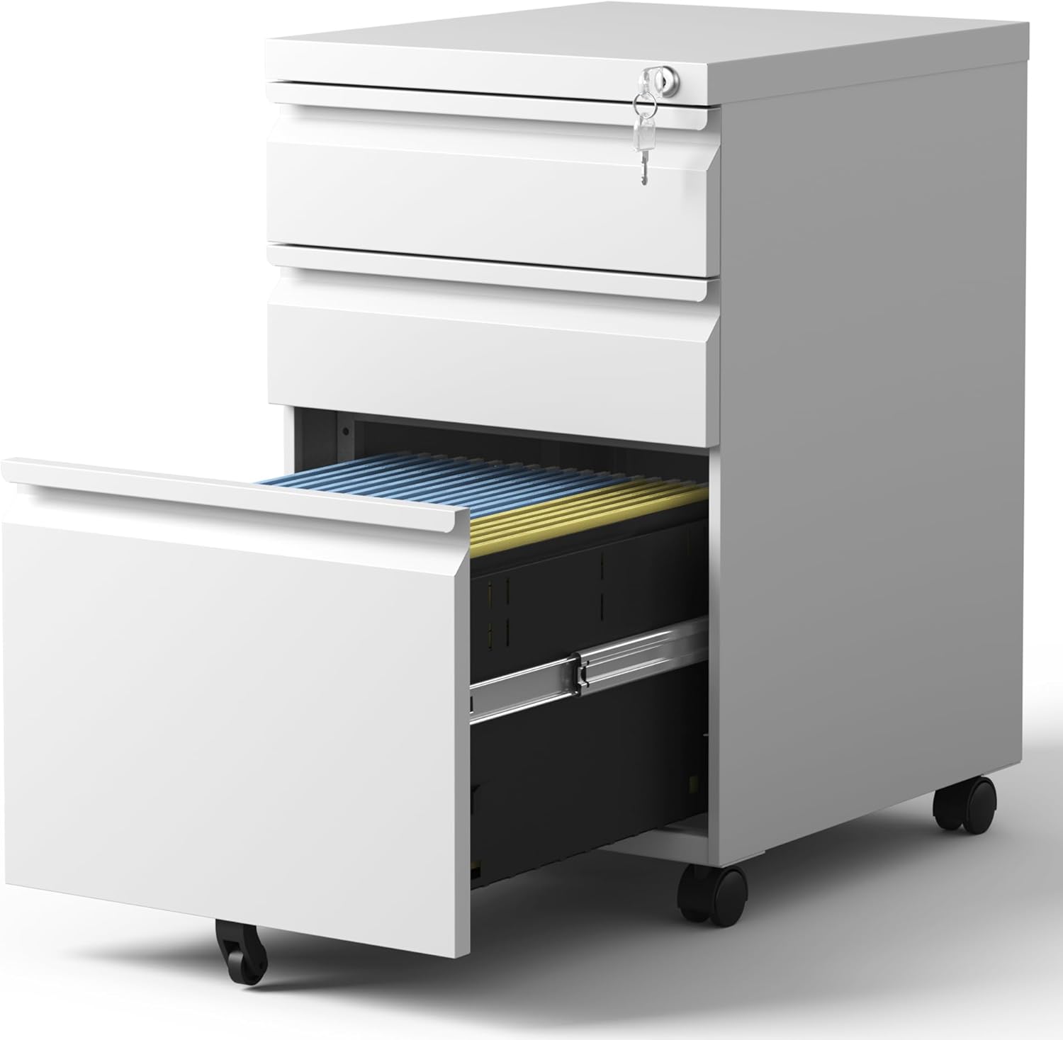 3 Drawer File Cabinets with Lock, White Metal Lateral Filing Cabinet ...