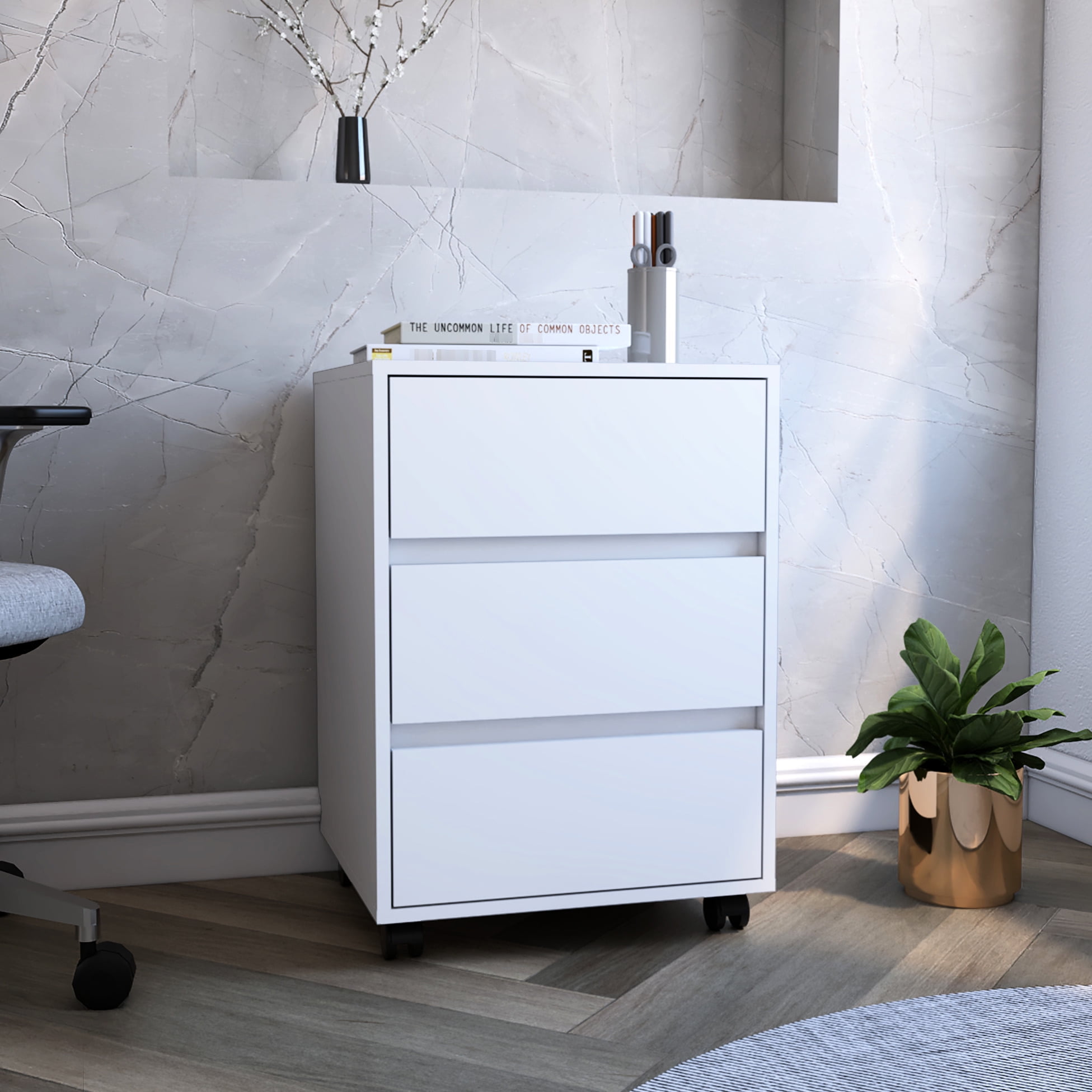3 Drawer Filing Cabinet, White, Roller Glide, Construction Piece ...