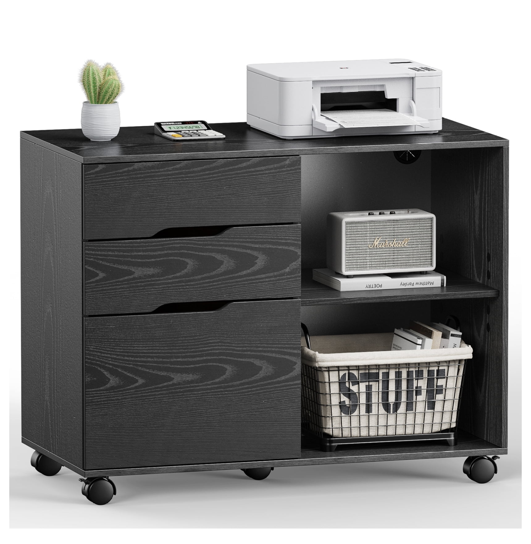 3 Drawer Filing Cabinet Wood Printer Stand with Storage Office Organize ...