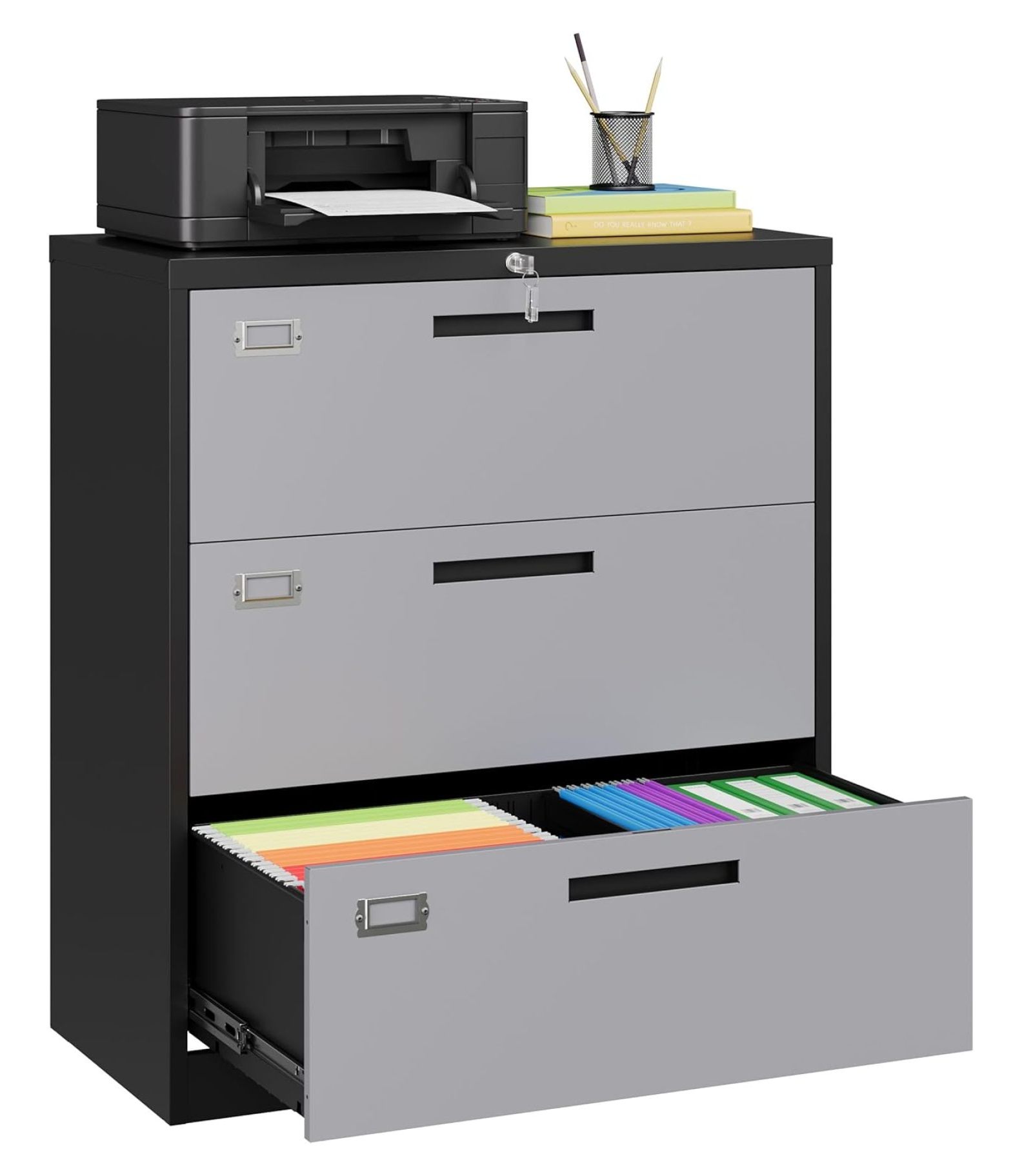 3 Drawer Filing Cabinet with Lock, Metal File Cabinet 35.4" Wide, Home ...