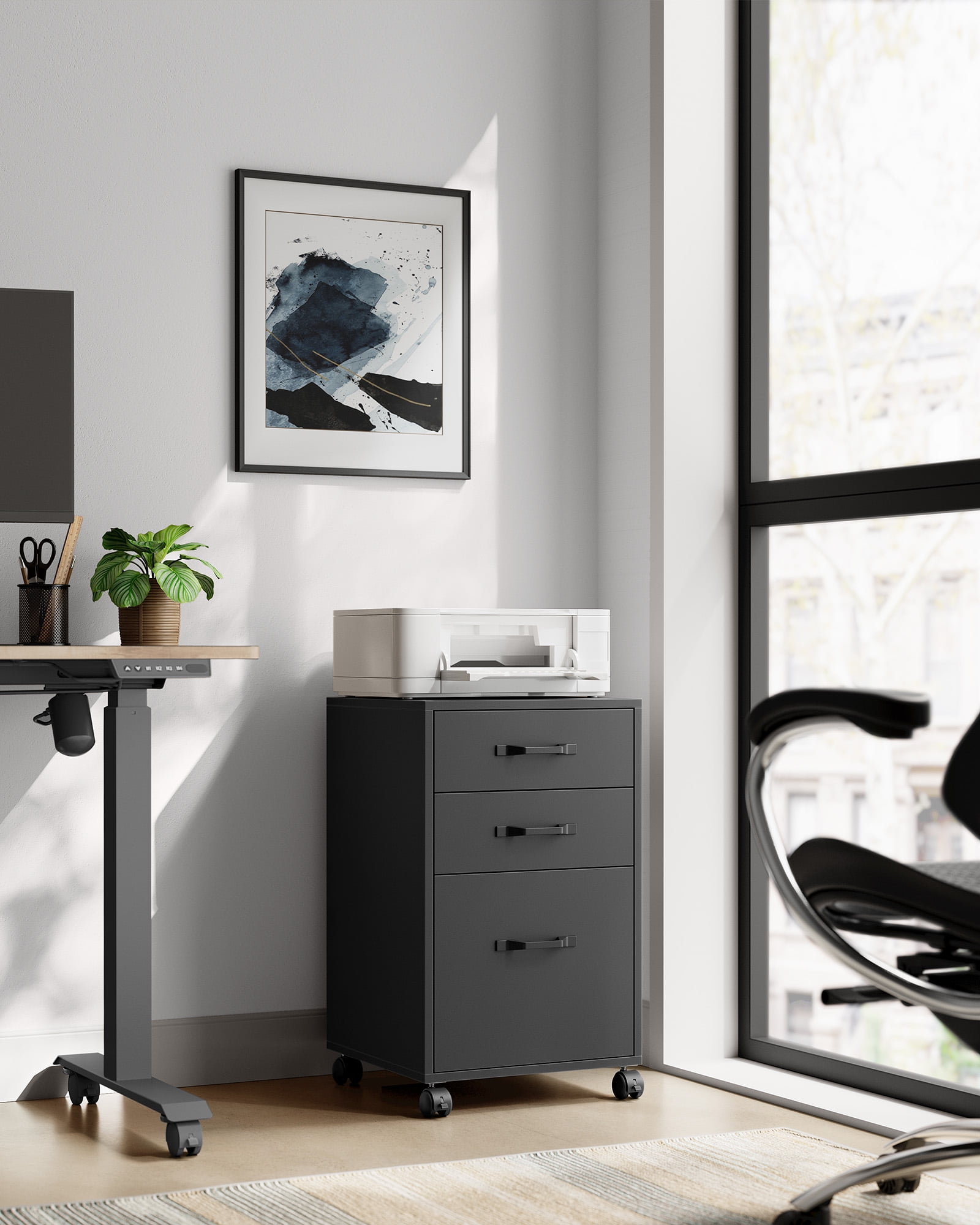 3 - Drawer Ink Black File Cabinet with Wheels for Home Office. Holds A4 ...