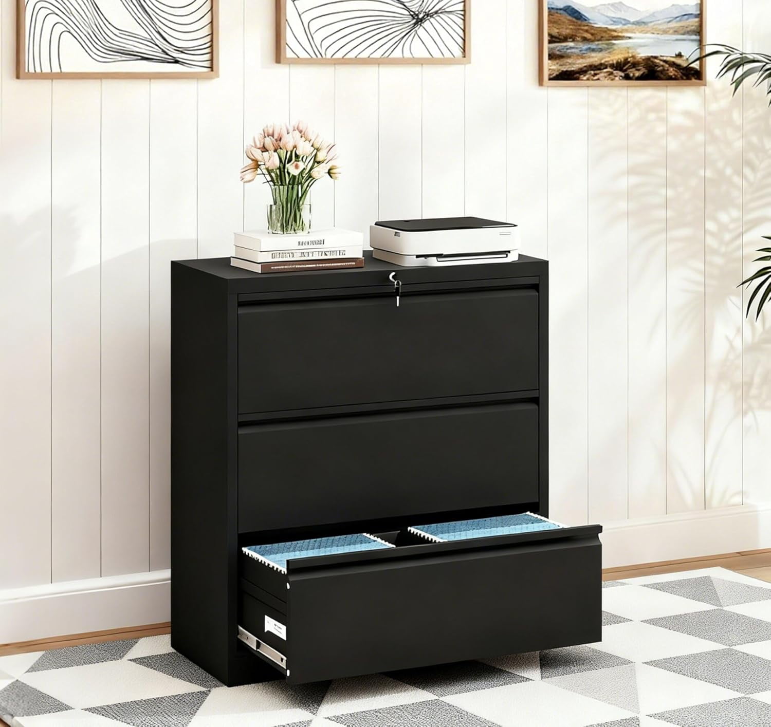 3-Drawer Lateral File Cabinet with Lock, Black Metal Filing Cabinet for ...