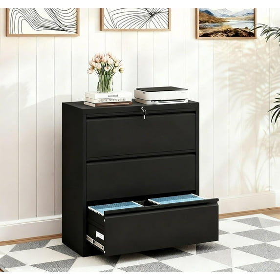 3-Drawer Lateral File Cabinet with Lock, Black Metal Filing Cabinet for ...