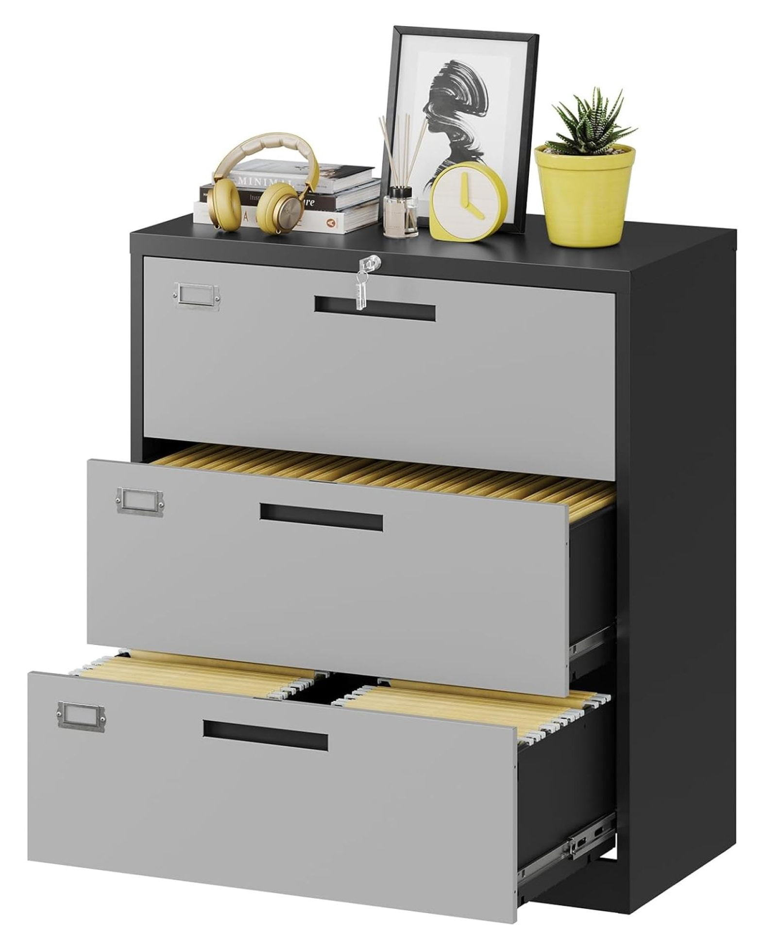 3 Drawer Lateral File Cabinet with Lock, Metal Steel Filling Cabinets ...