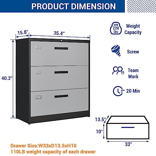 3 Drawer Lateral File Cabinet with Lock, Metal Steel Filling Cabinets ...