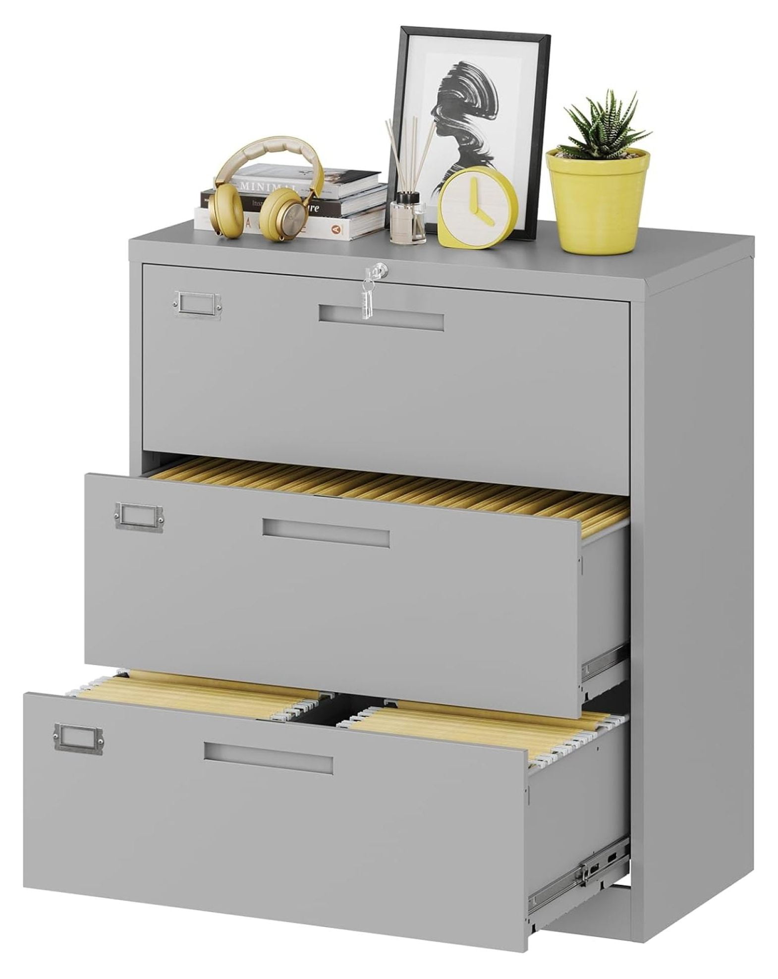 3 Drawer Lateral File Cabinet with Lock, Metal Steel Filling Cabinets ...