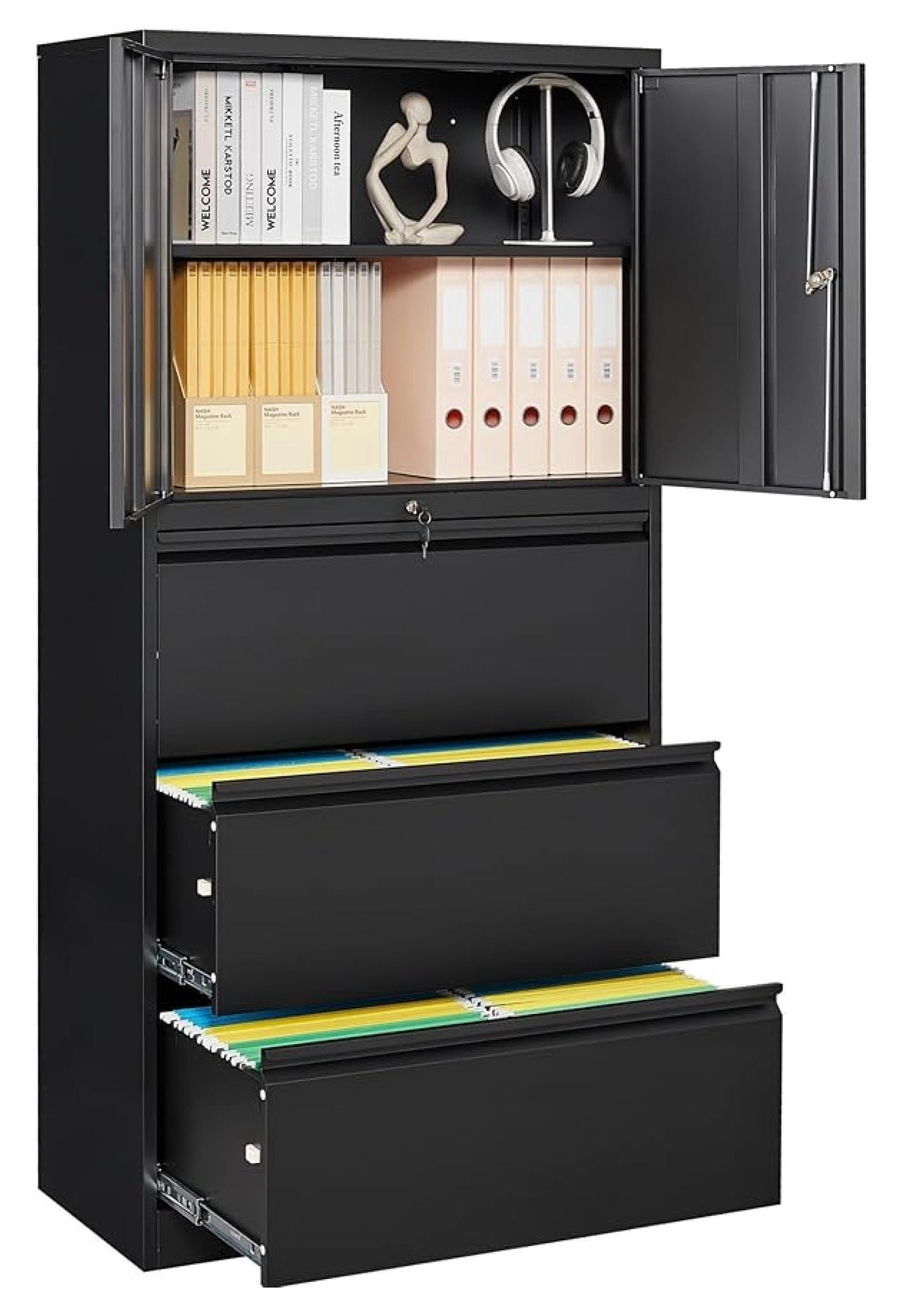 3 Drawer Lateral File Cabinet with Lock and Shelf,Black Metal Filling ...