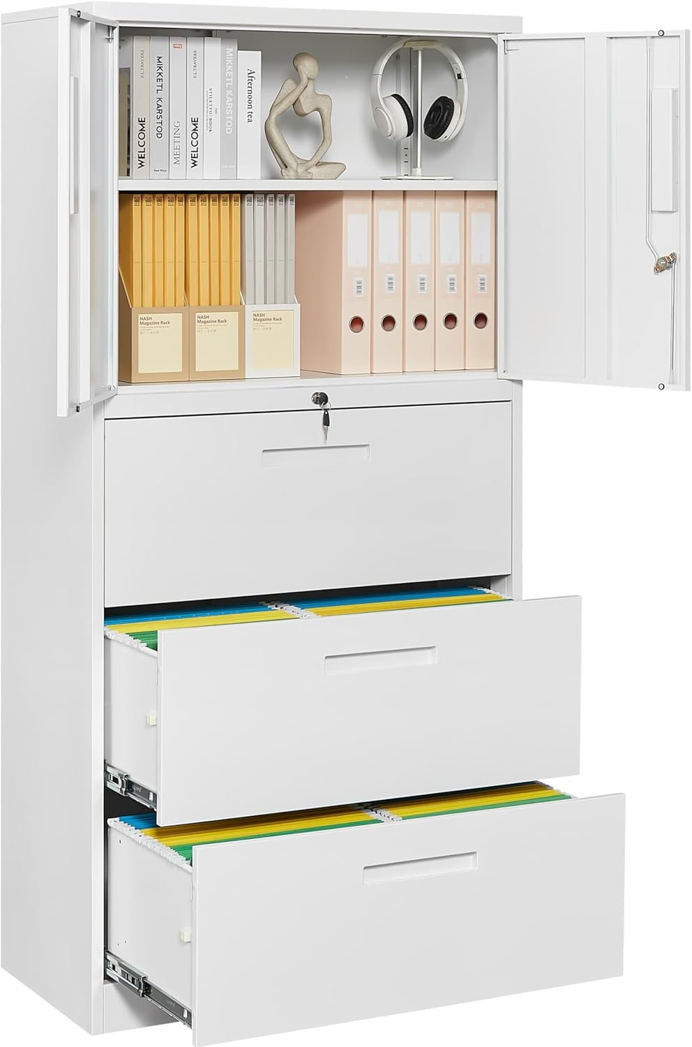 3 Drawer Lateral File Cabinet with Lock and Shelf,White Metal Filling ...