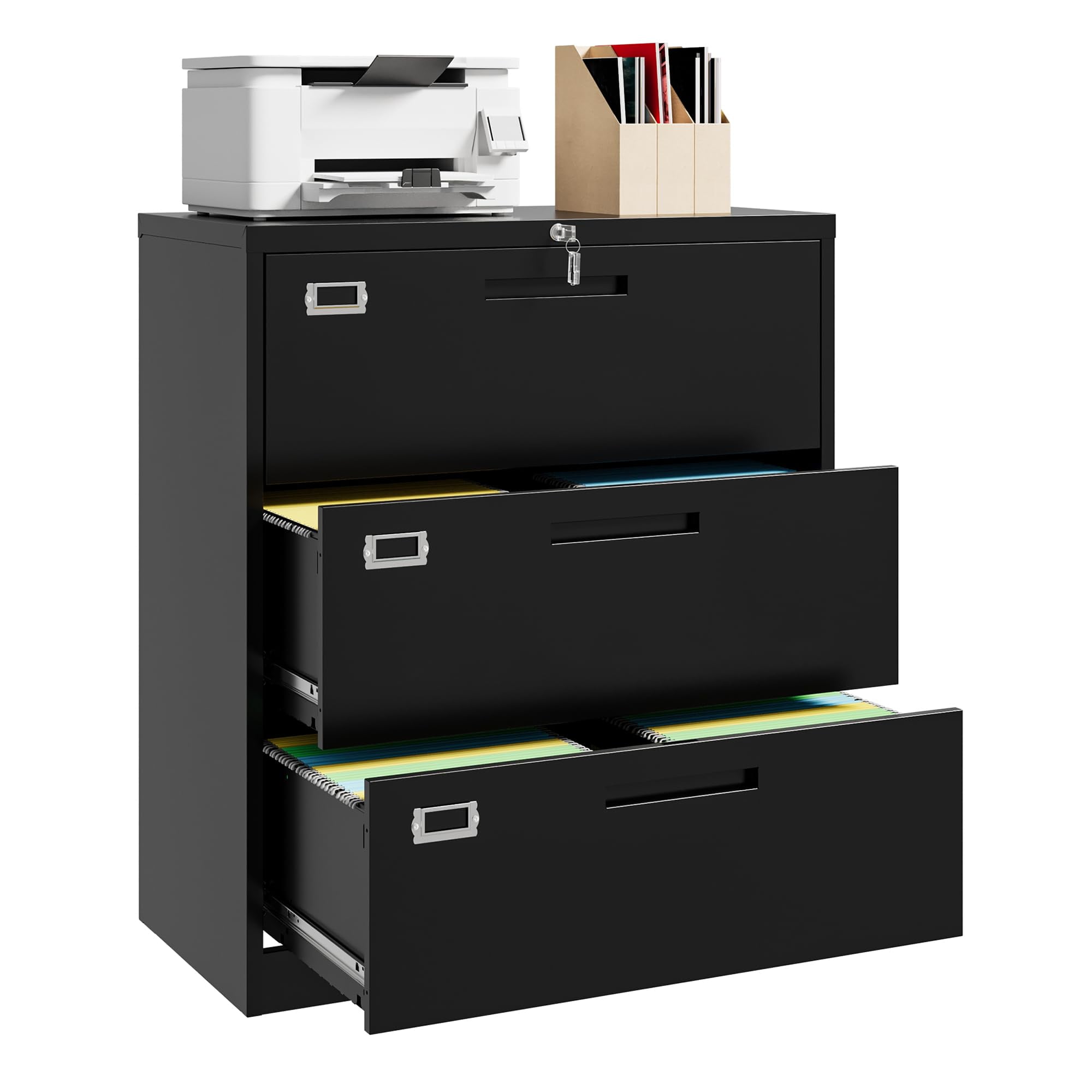 3 Drawer Lateral File Cabinet with Lock, Metal Locking Filing Cabinet for Home Office, Wide ...