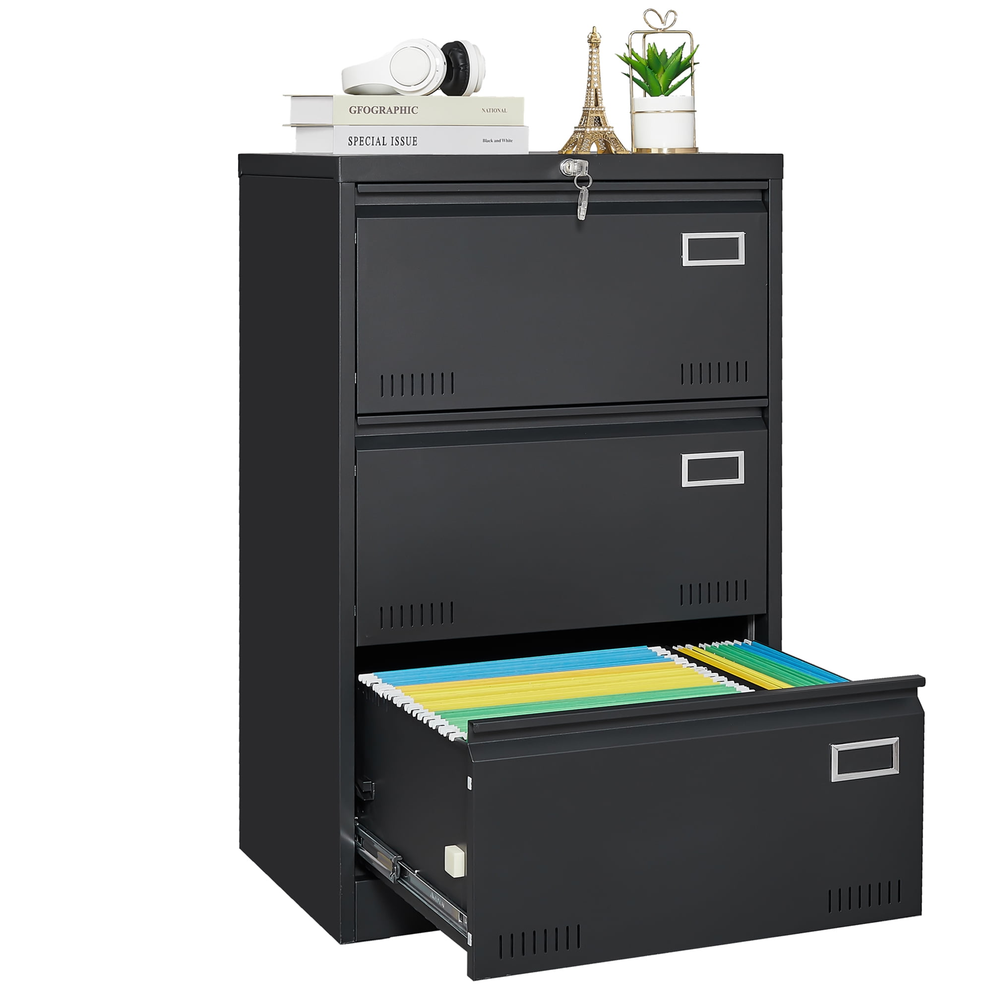 3 Drawer Lateral File Cabinet with Lock, Metal Vertical Filing Cabinet ...