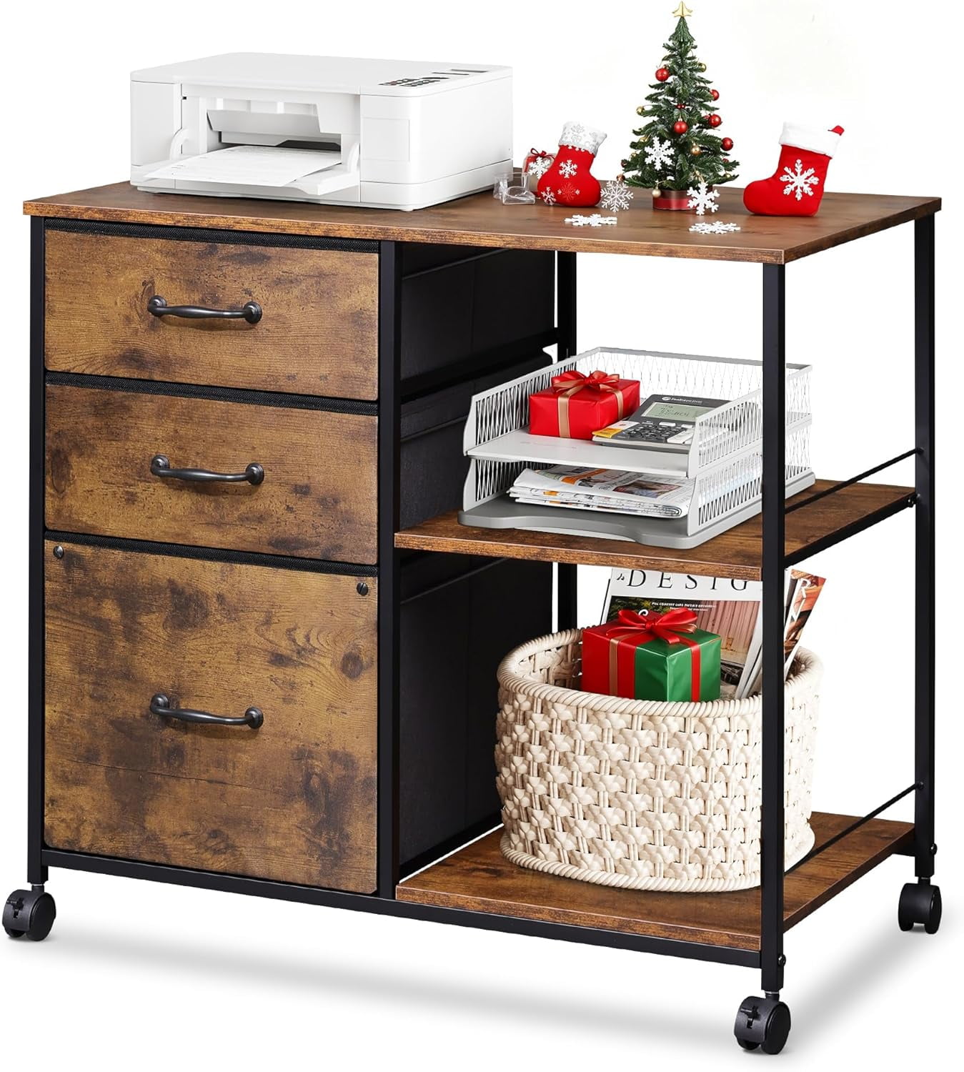 3-Drawer Lateral Filing Cabinet on Wheels, Mobile Rolling Printer Stand ...