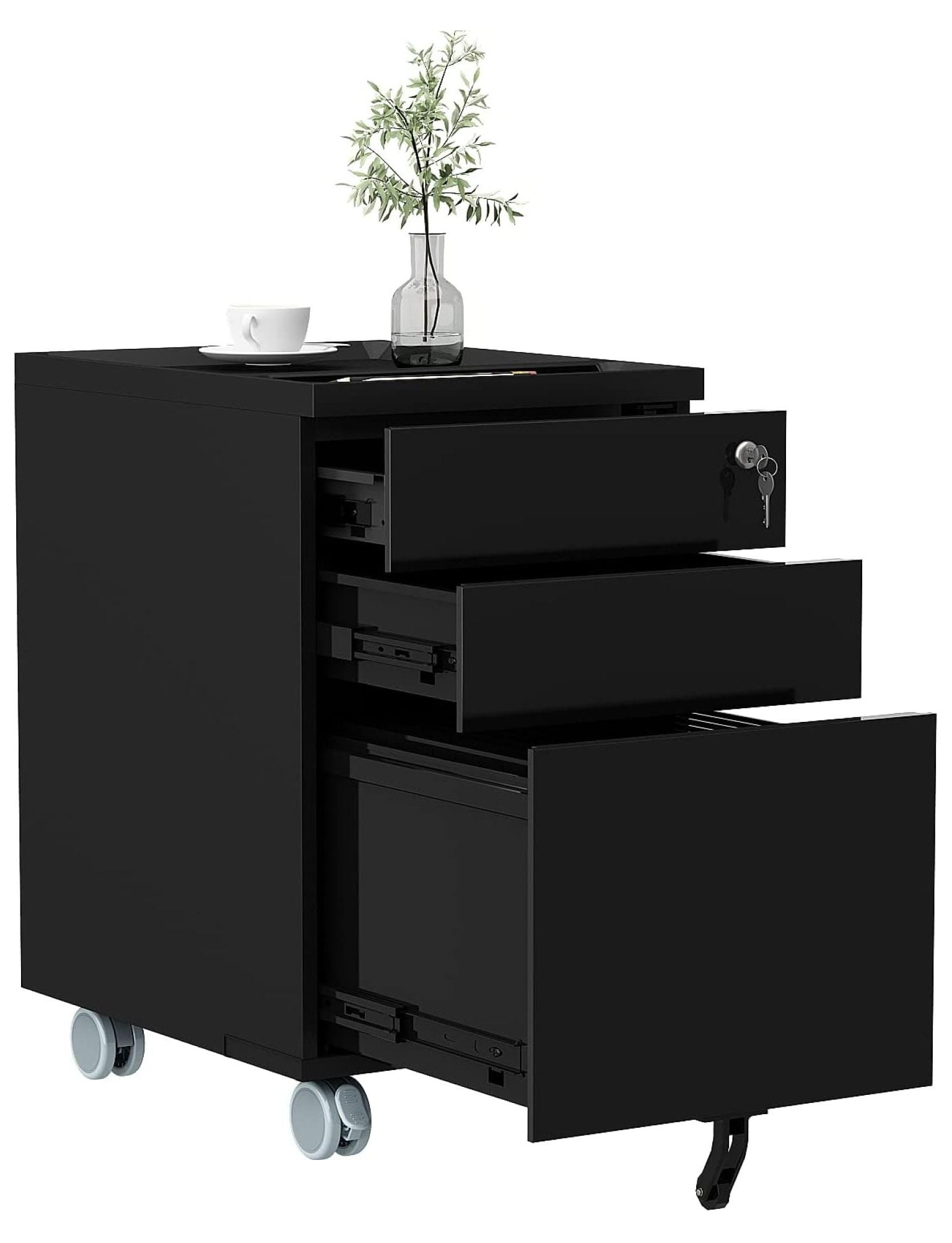 3 Drawer Locking File Cabinet, Fully Assembled Except Casters, Metal ...