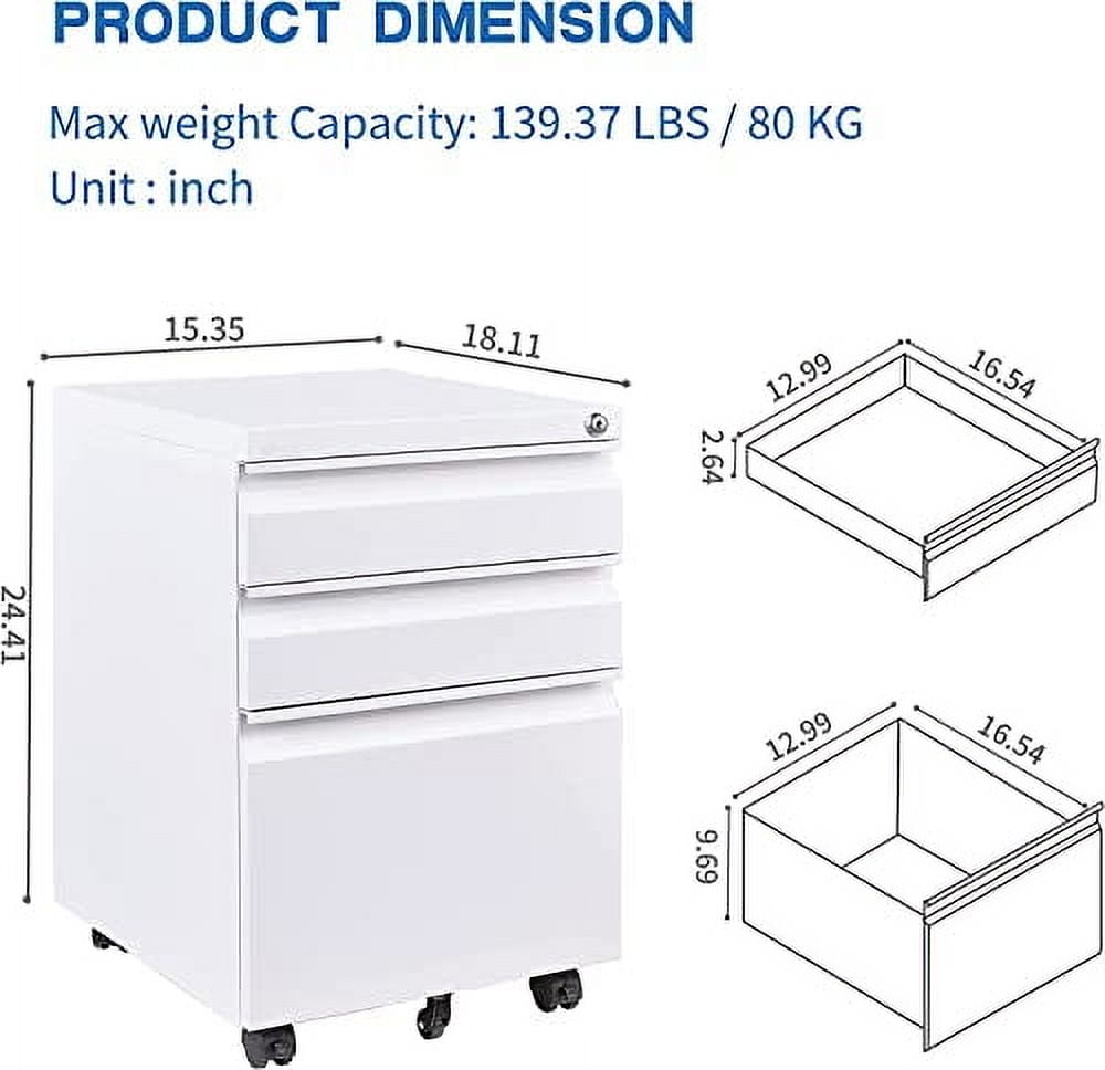 3 Drawer Locking File Cabinet, Under Desk Metal Filing Cabinet for ...