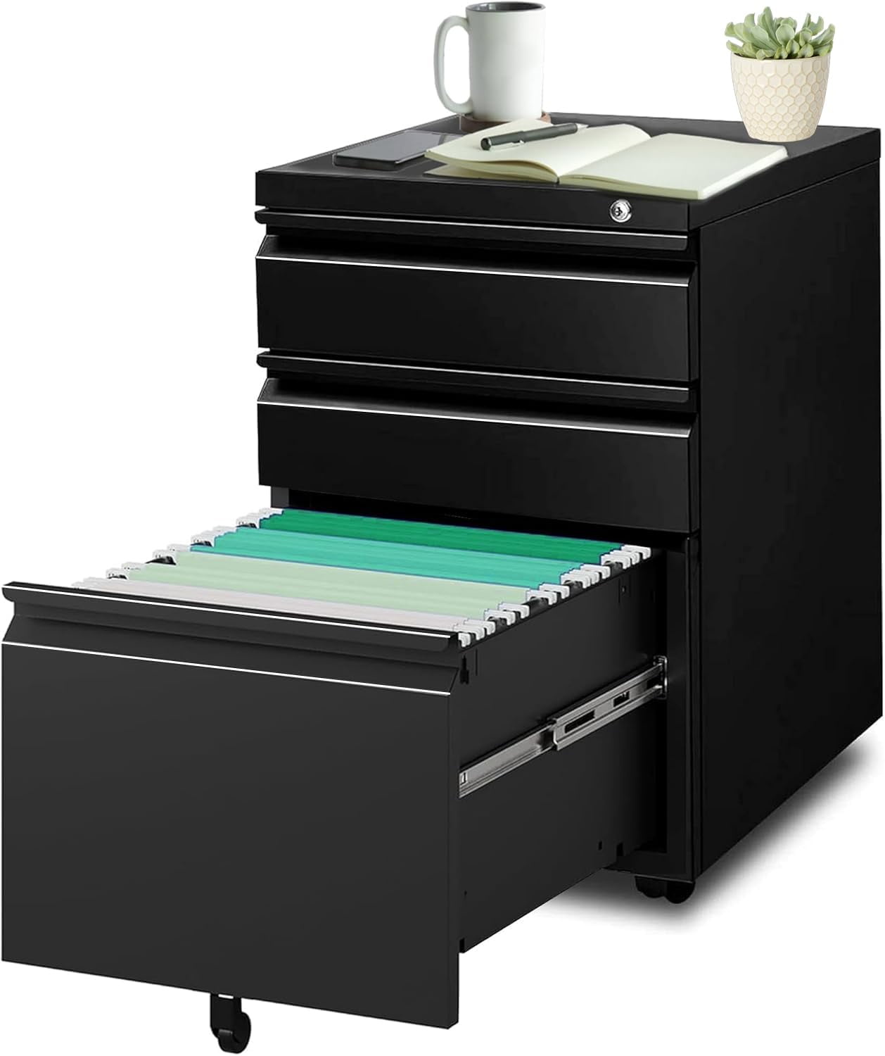 3-Drawer Locking File Cabinet on Casters, Steel Storage for Legal ...