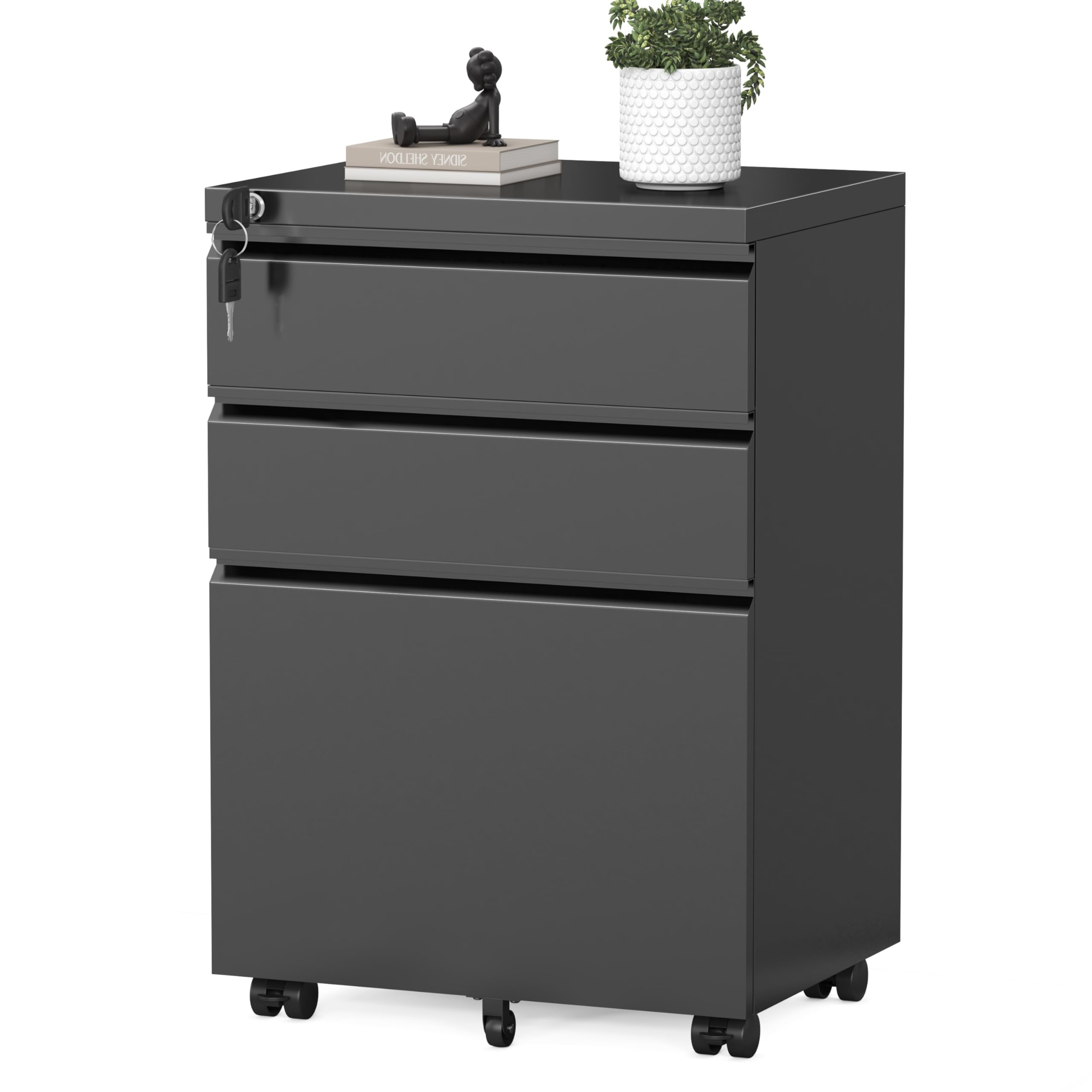 3-Drawer Locking File Cabinet on Wheels, Under Desk Metal Storage for ...