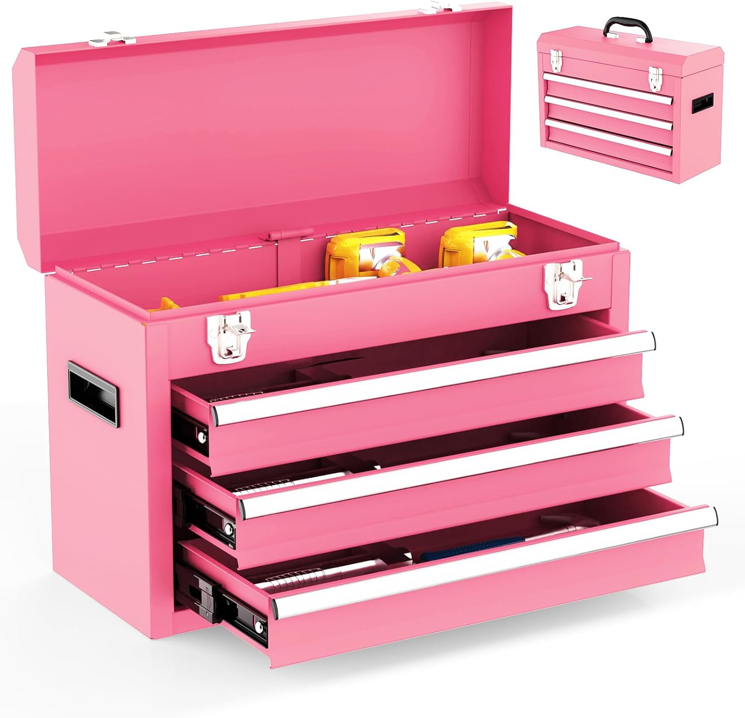 3 Drawer Metal Tool Box, Portable Metal Tool Box with EVC Liners and ...