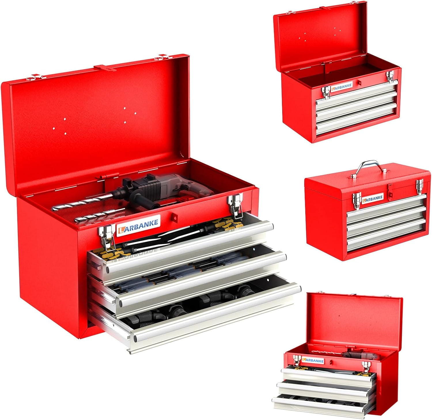 3-Drawer Metal Tool box with Secure Steel Lock,Portable Tool Box with ...