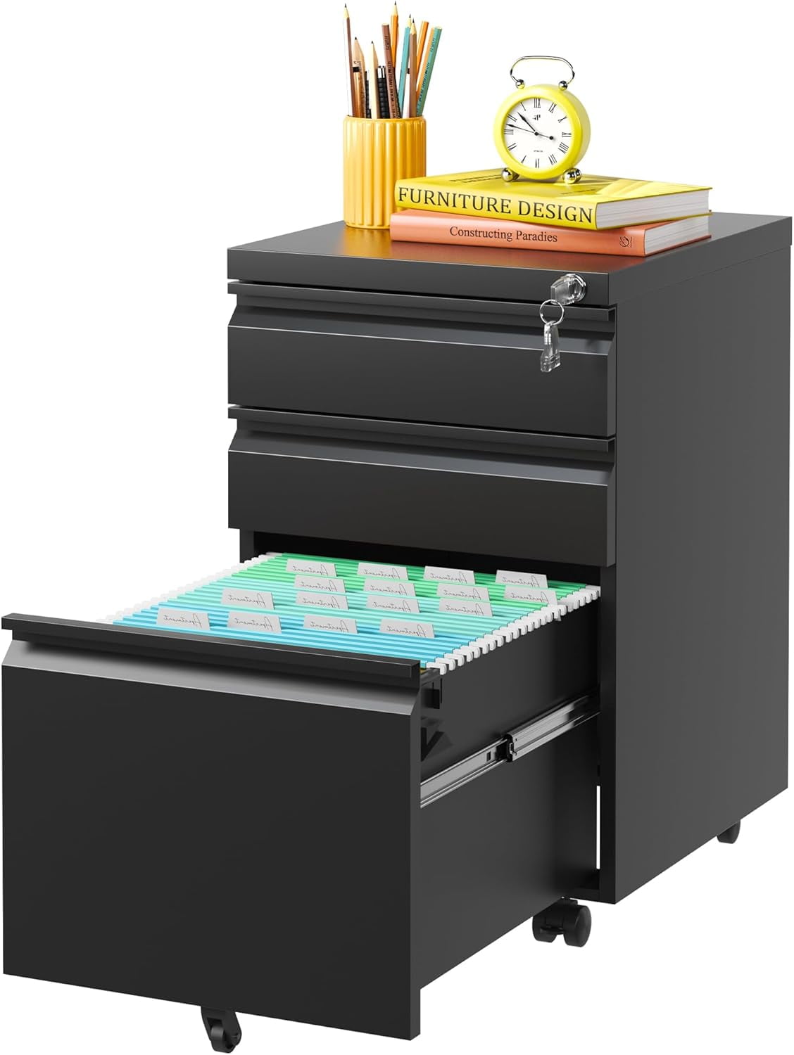 3 Drawer Mobile File Cabinet, Black Metal Under Desk Filing Cabinets ...