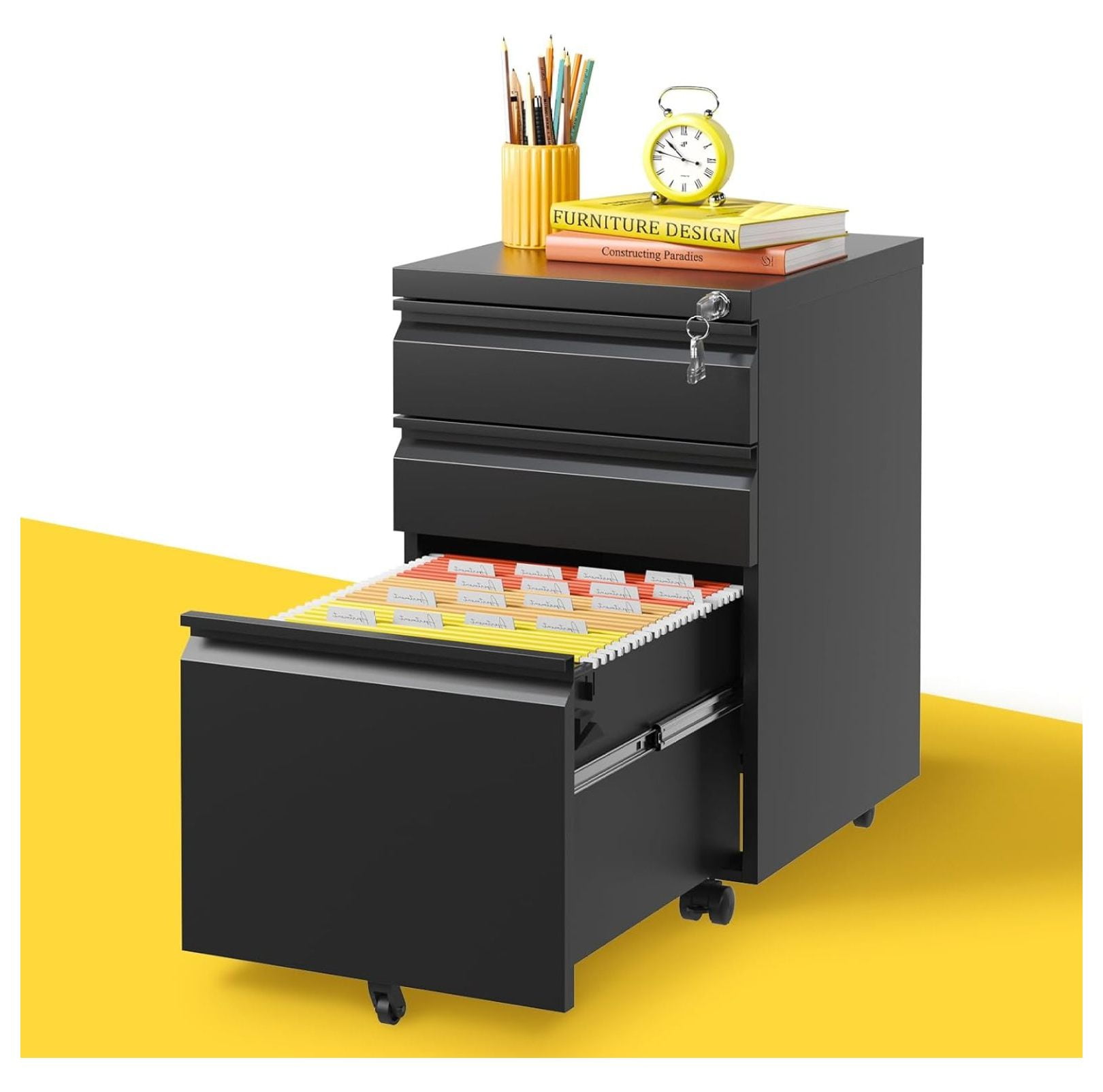 3 Drawer Mobile File Cabinet, Black Metal Under Desk Filing Cabinets ...