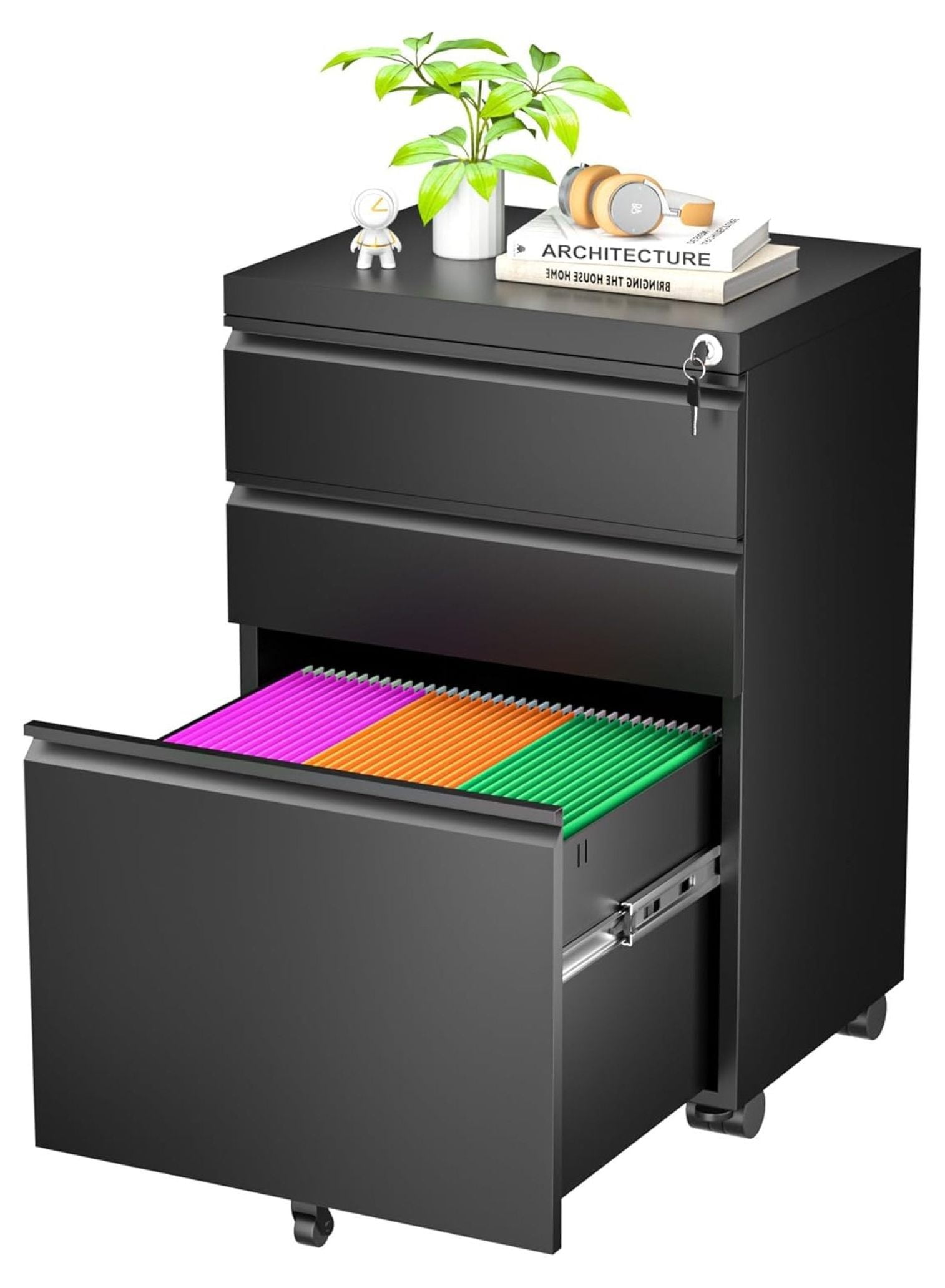 3 Drawer Mobile File Cabinet with Lock, Metal Filing Cabinet on Wheels ...