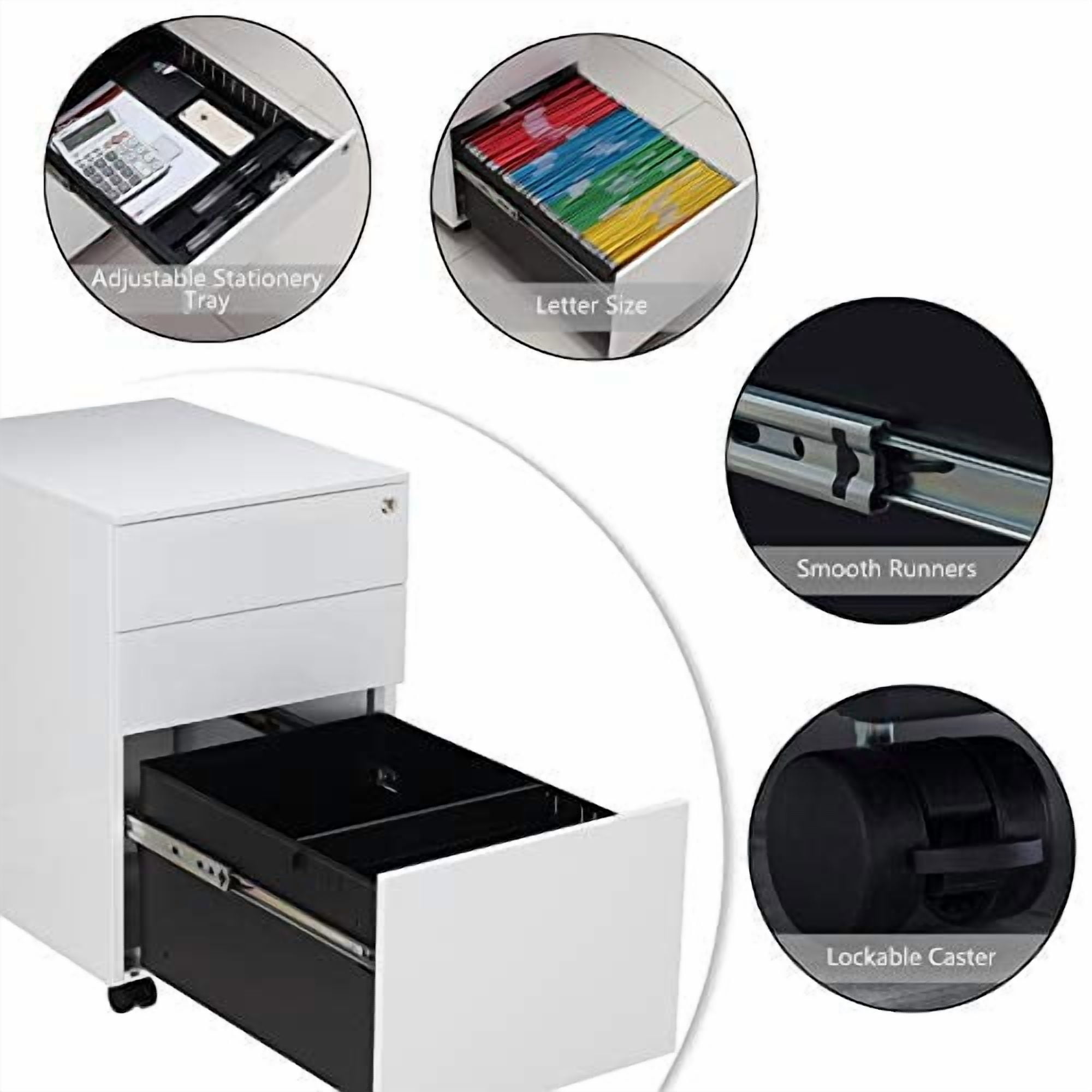 3-Drawer Mobile File Cabinet with Lock, Office Storage Filing Cabinet ...