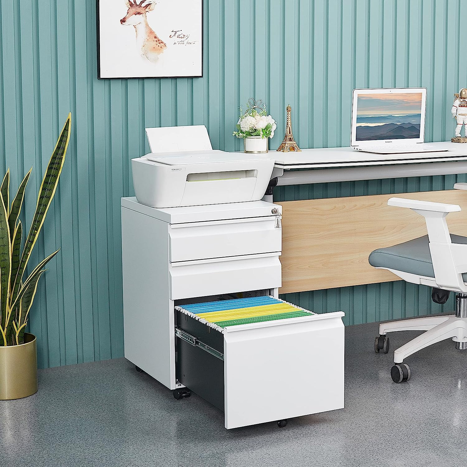 3-Drawer Mobile File Cabinet with Lock, Office Storage Filing Cabinet ...