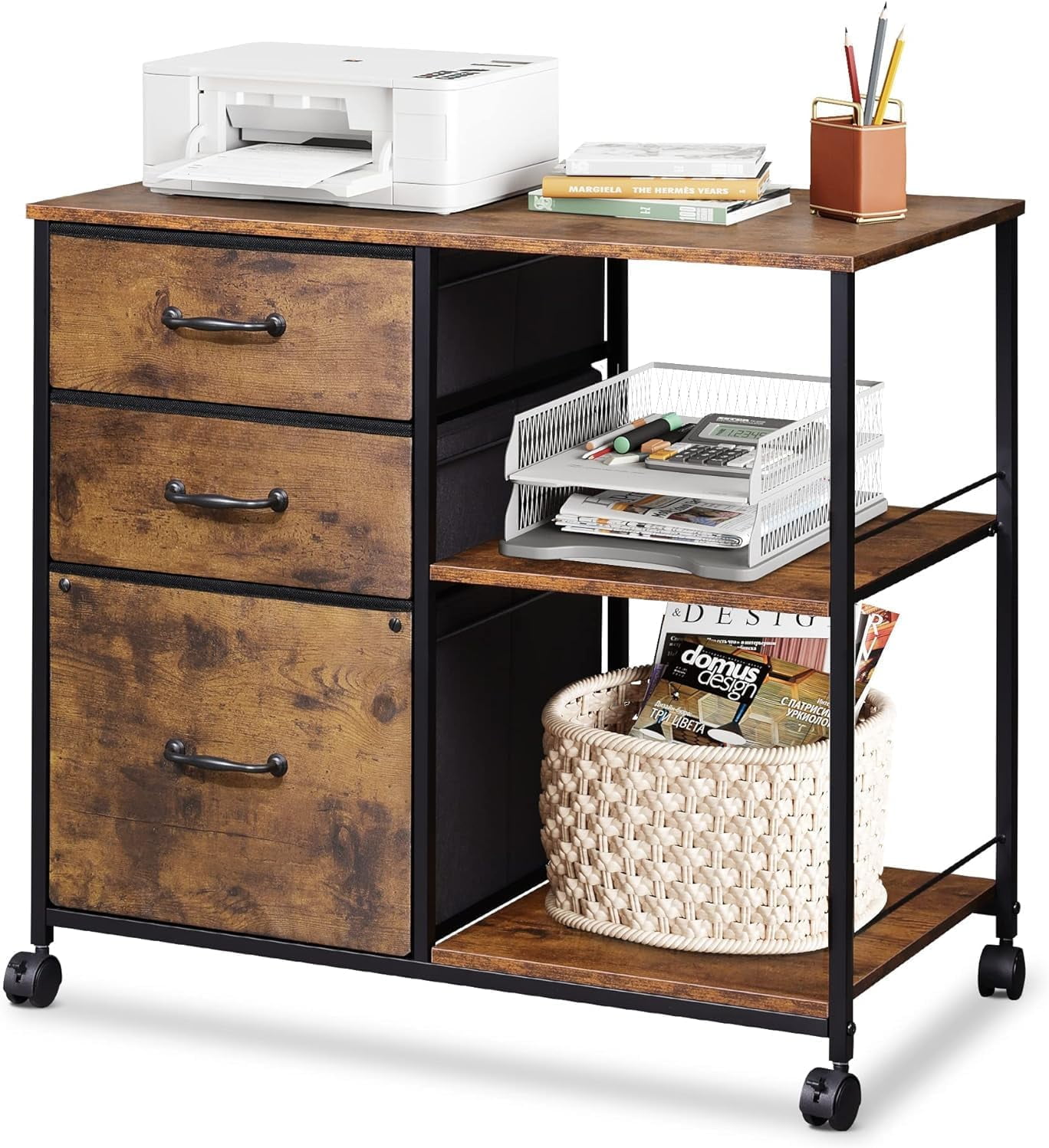 3 Drawer Mobile File Cabinet, Rolling Printer Stand with Open Storage ...