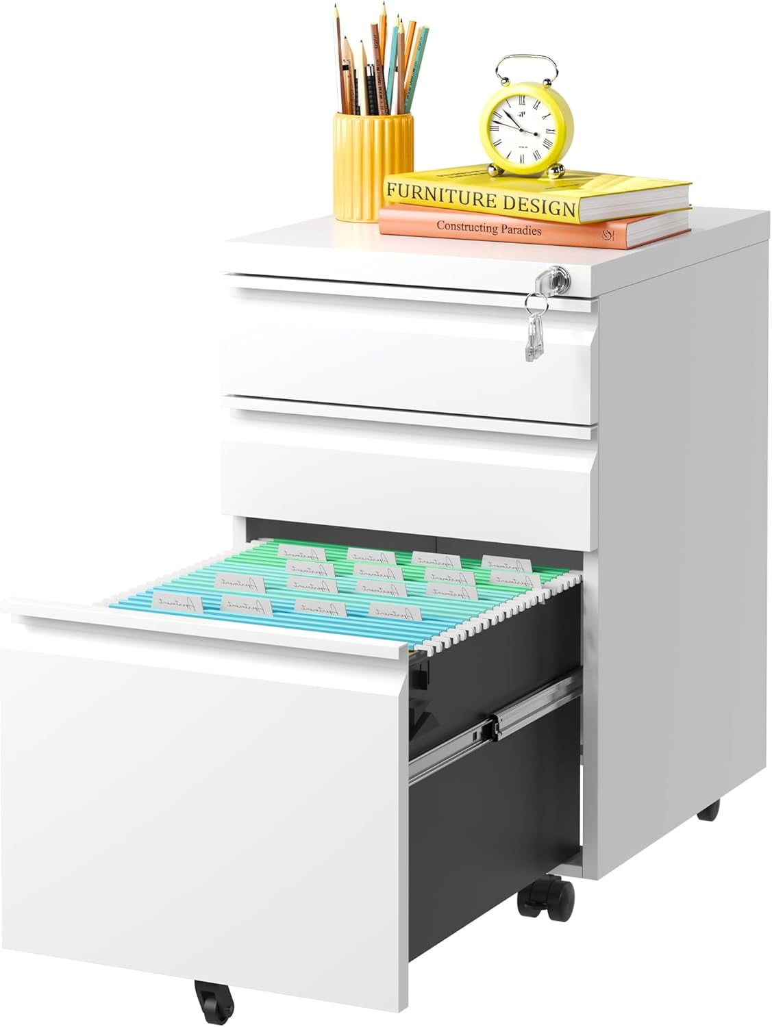 3 Drawer Mobile File Cabinet, White Metal Under Desk Filing Cabinets ...