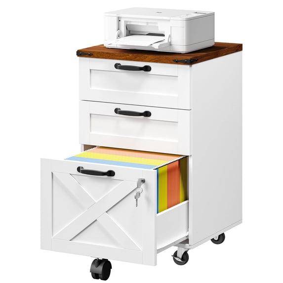 3-Drawer Mobile File Cabinet With Lock, Farmhouse Style Printer Stand ...