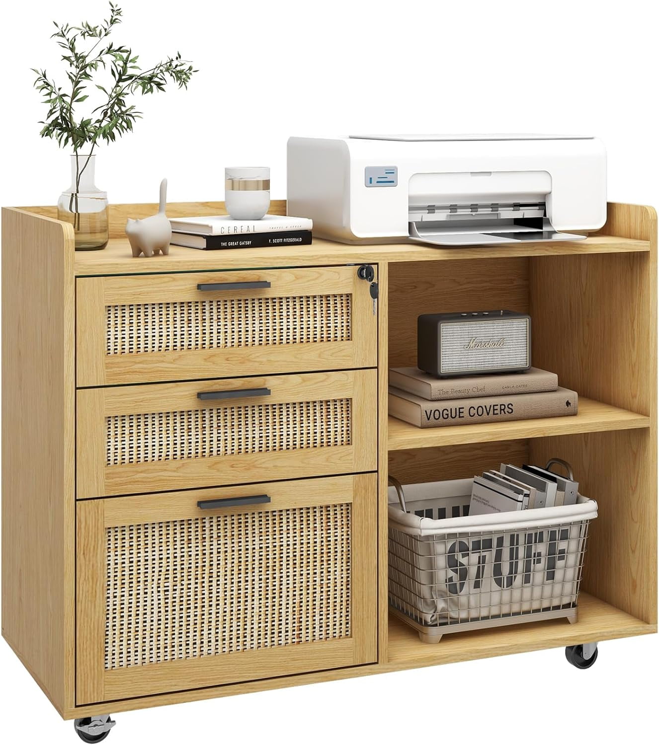 3 Drawer Mobile File Cabinet, Wood Lateral Filing Cabinet with Lock ...