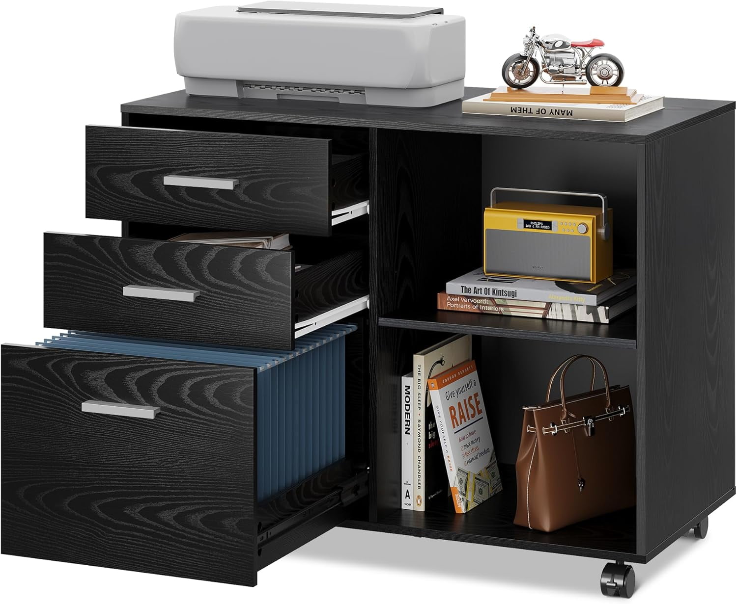 3 Drawer Mobile File Cabinet, Wood Lateral Filing Printer Stand with ...