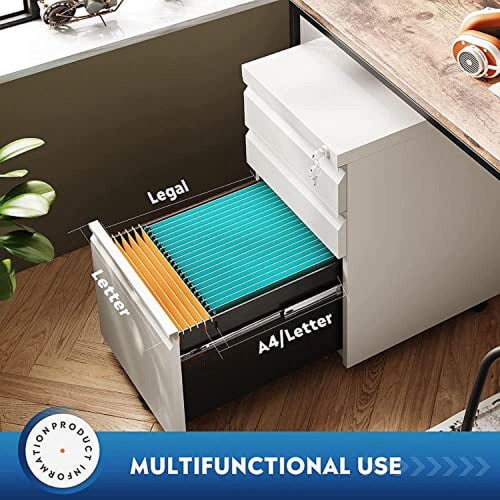 3 Drawer Mobile File Cabinet with Lock, Under Desk Metal Filing Cabinet ...