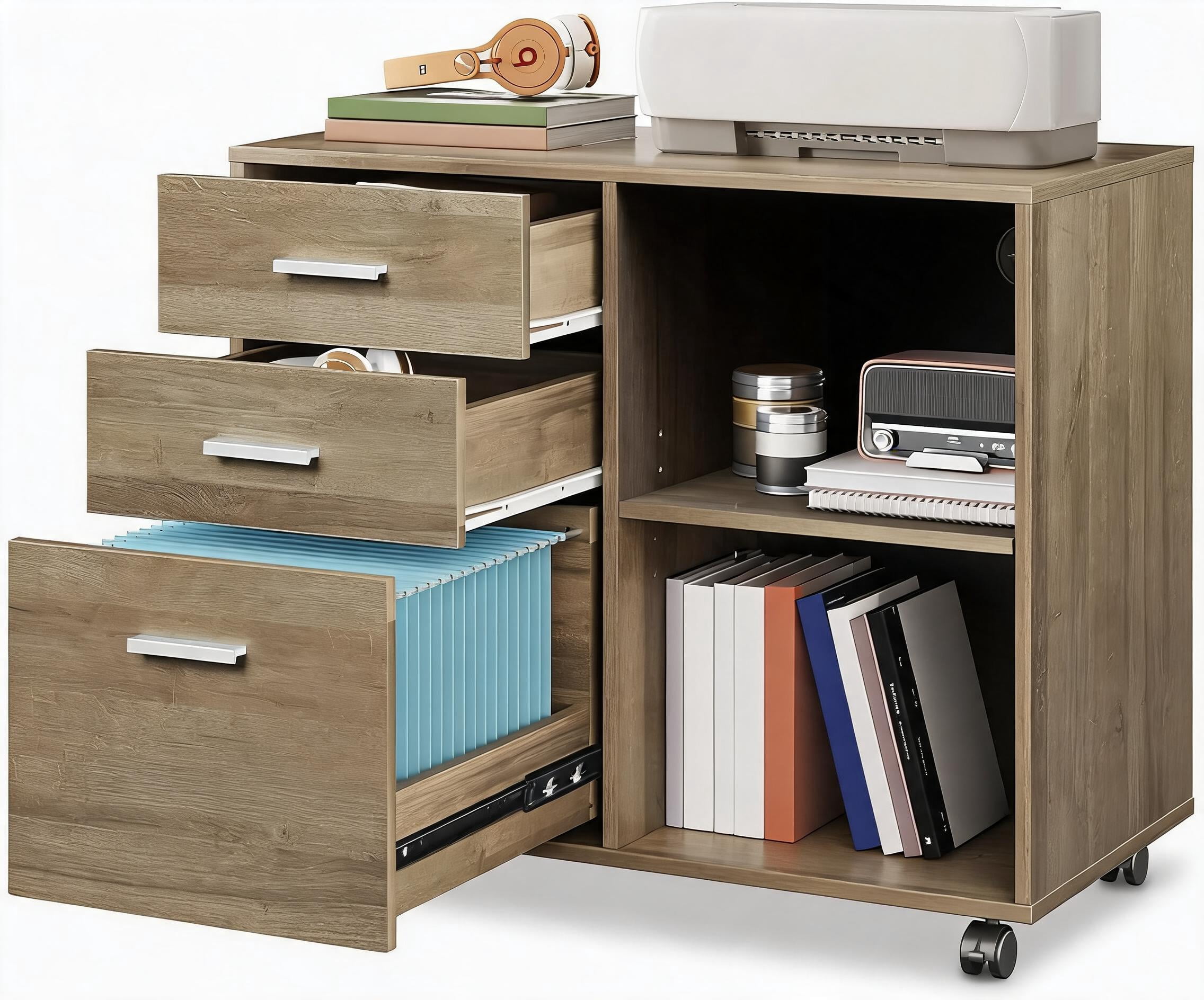 3 Drawer Mobile File Cabinet with Open Shelves Gray Oak Bestseling ...