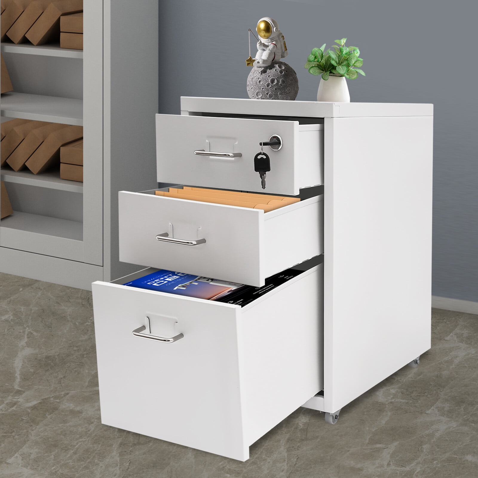 3 Drawer Modern Rectangular Vertical File Cabinet Lockable Metal Mobile ...