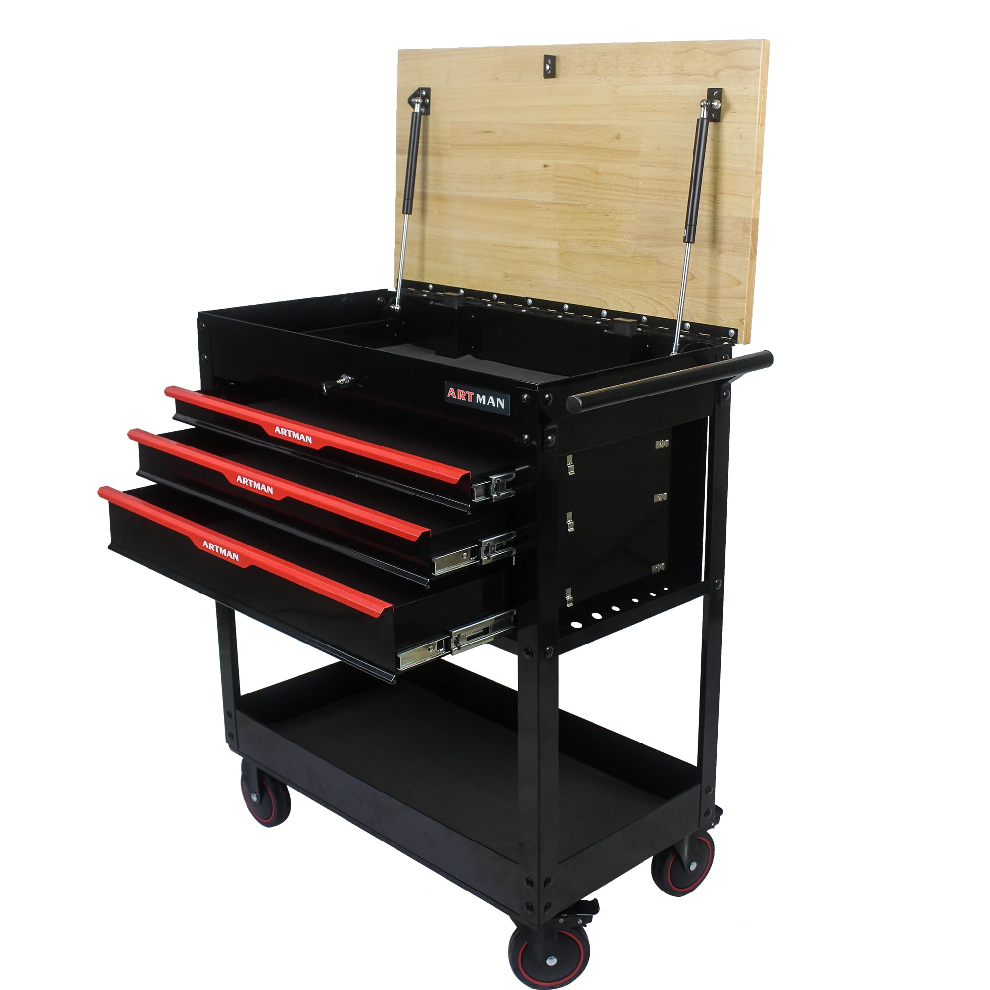 3 Drawer Multifunctional Tool Cart with Wheels & Solid Wood Top for ...