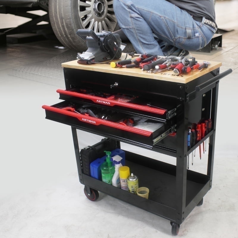3-Drawer Multifunctional Tool Cart with Wheels and Wooden Top ...
