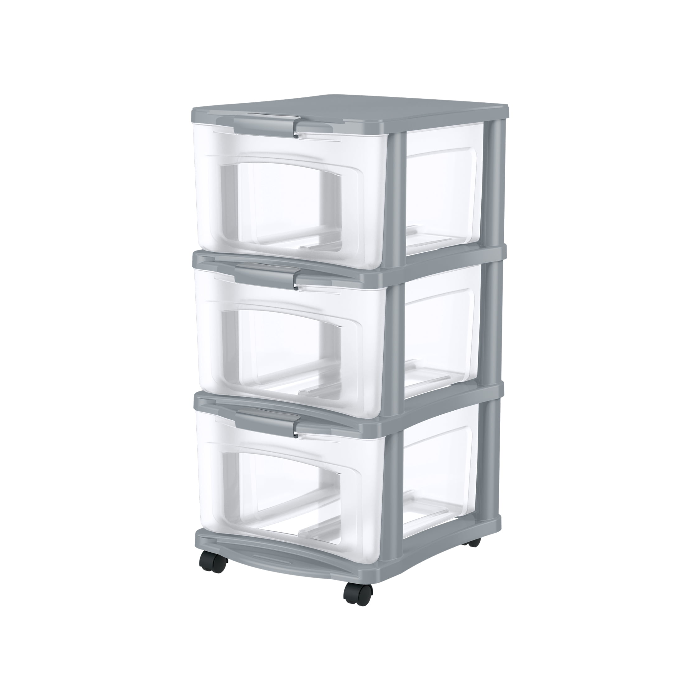 3 Drawer Narrow Cart with Silver Frame, Clear Drawers, Silver Latches ...