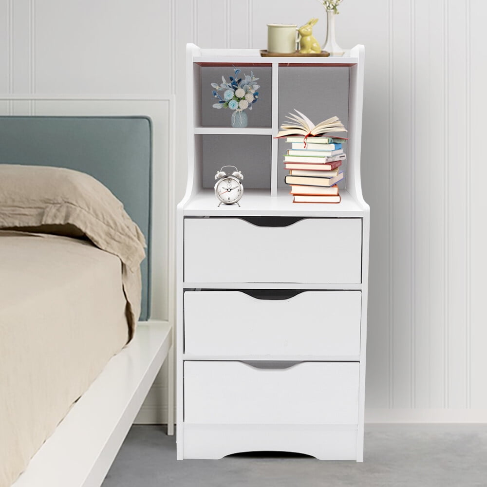 3-Drawer Nightstand Vertical Slim Design, White Dense Board Bedside ...