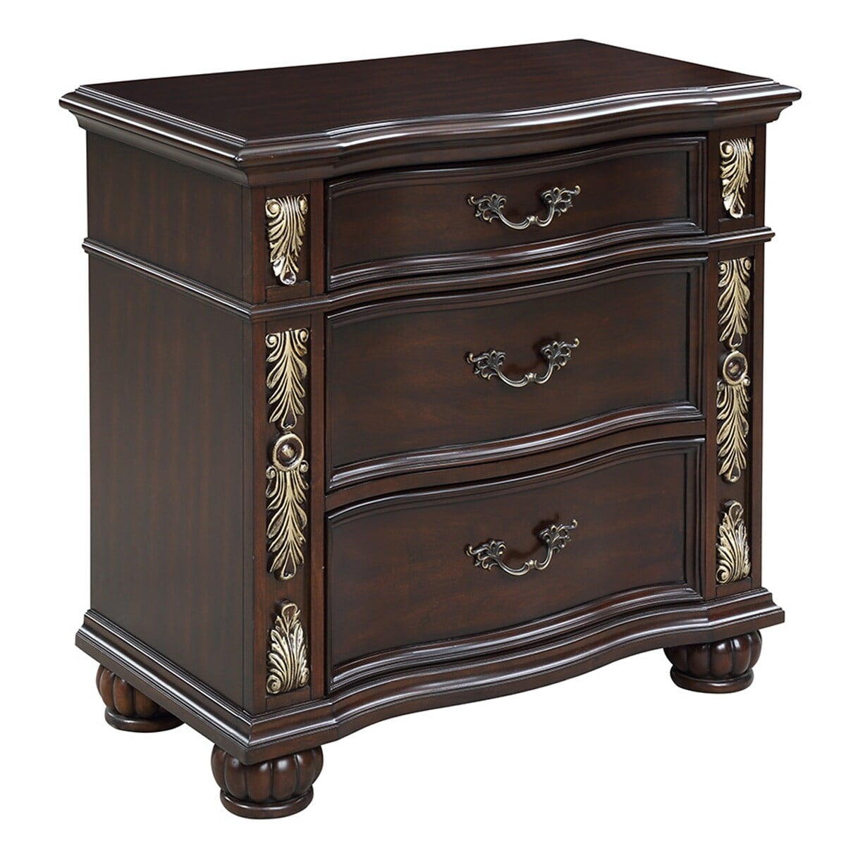 3 Drawer Nightstand with Bun Feet and Scrollwork Accents, Brown and ...