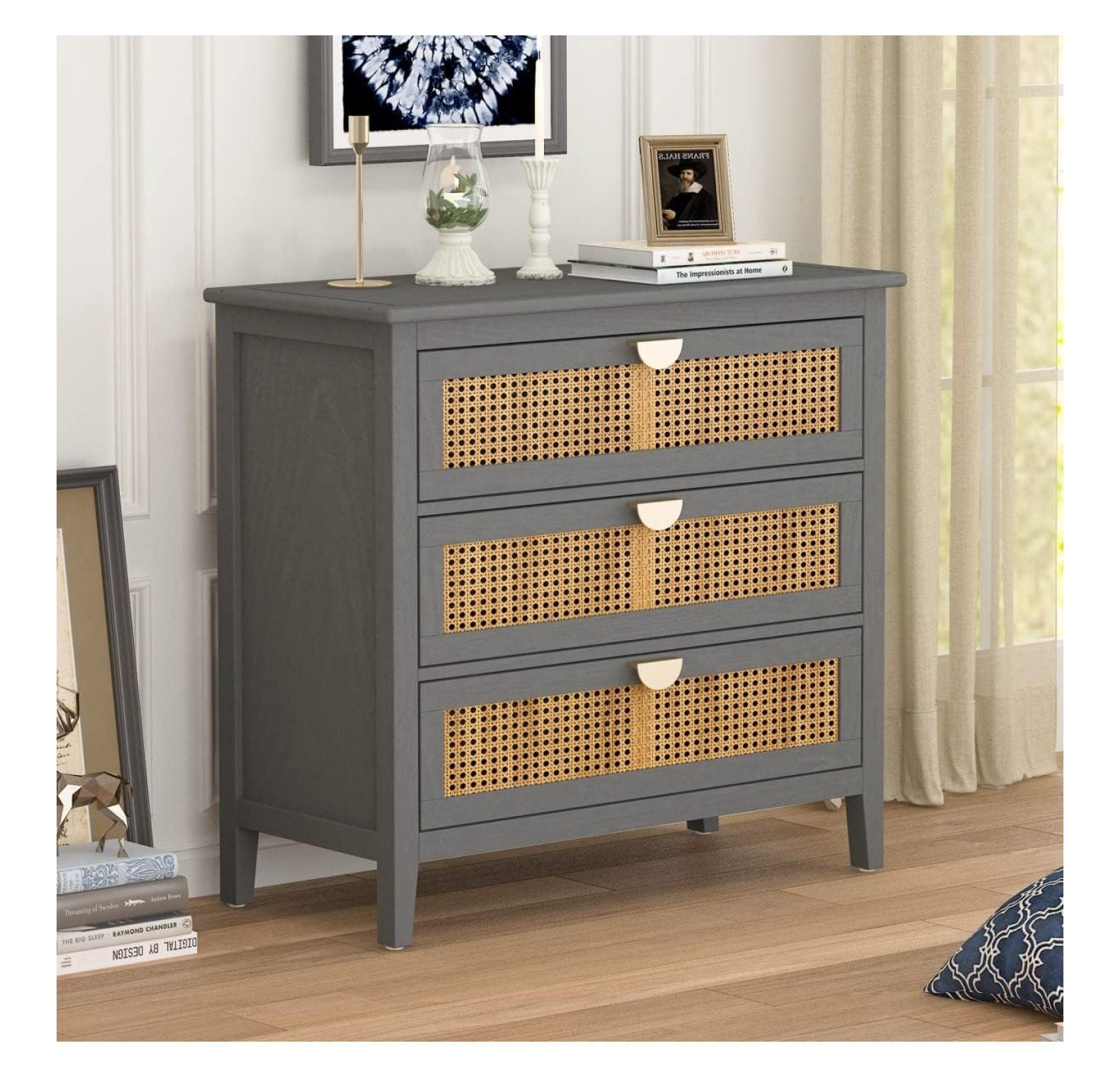 3 Drawer Nightstands, Rattan Drawer Chest Modern Wood Storage Chest of ...