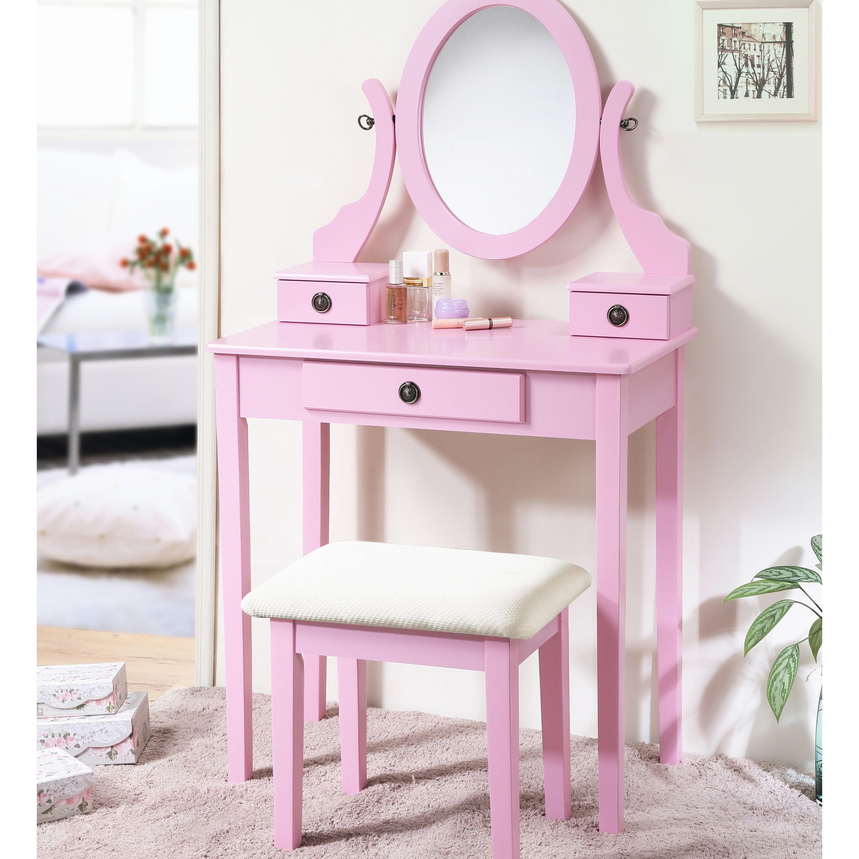 3 - Drawer Pink Vanity Table & Stool / Bedroom Decor and Makeup ...