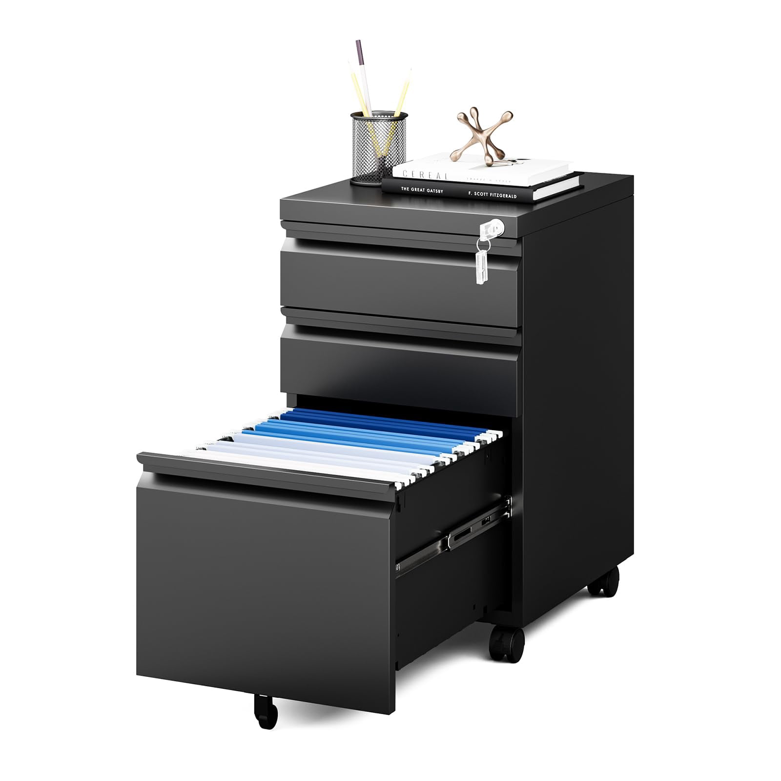3 Drawer File Cabinet on Wheels, Black Metal Rolling Storage with Lock ...