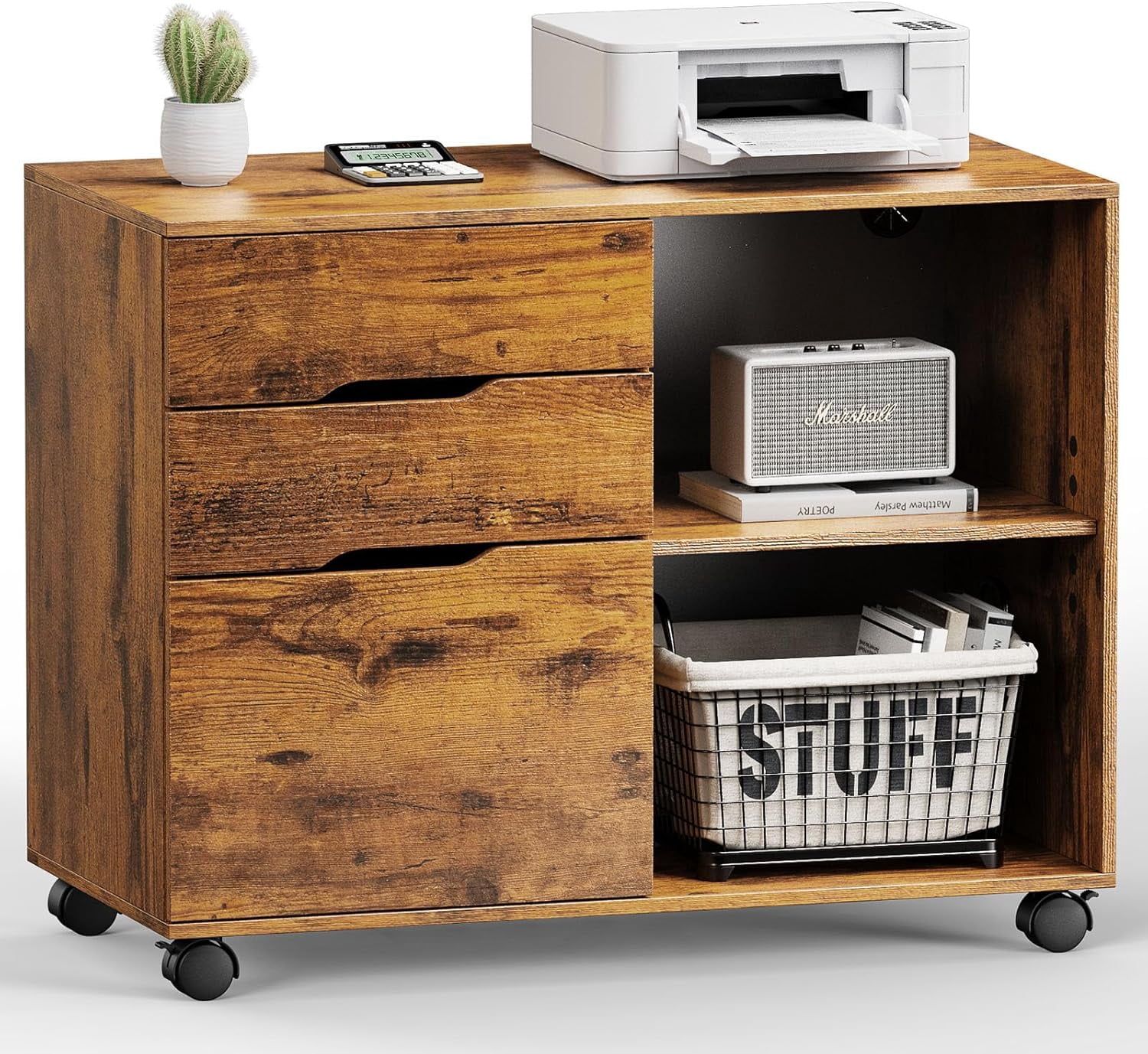 3-Drawer Rolling Lateral File Cabinet in Vintage Brown with Adjustable ...